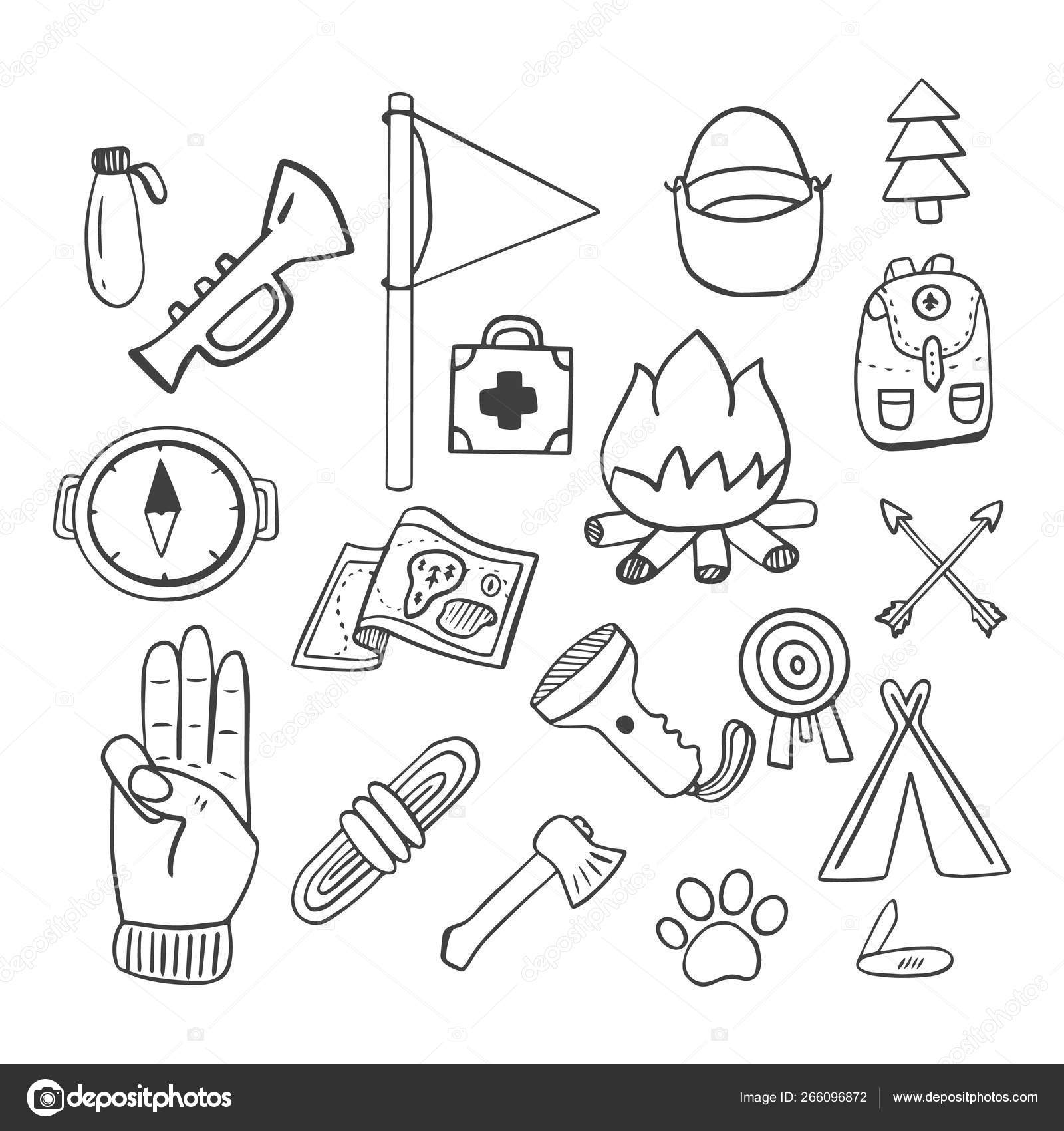 Scouting Doodle drawings are a set of objects for scouting. Stock ...