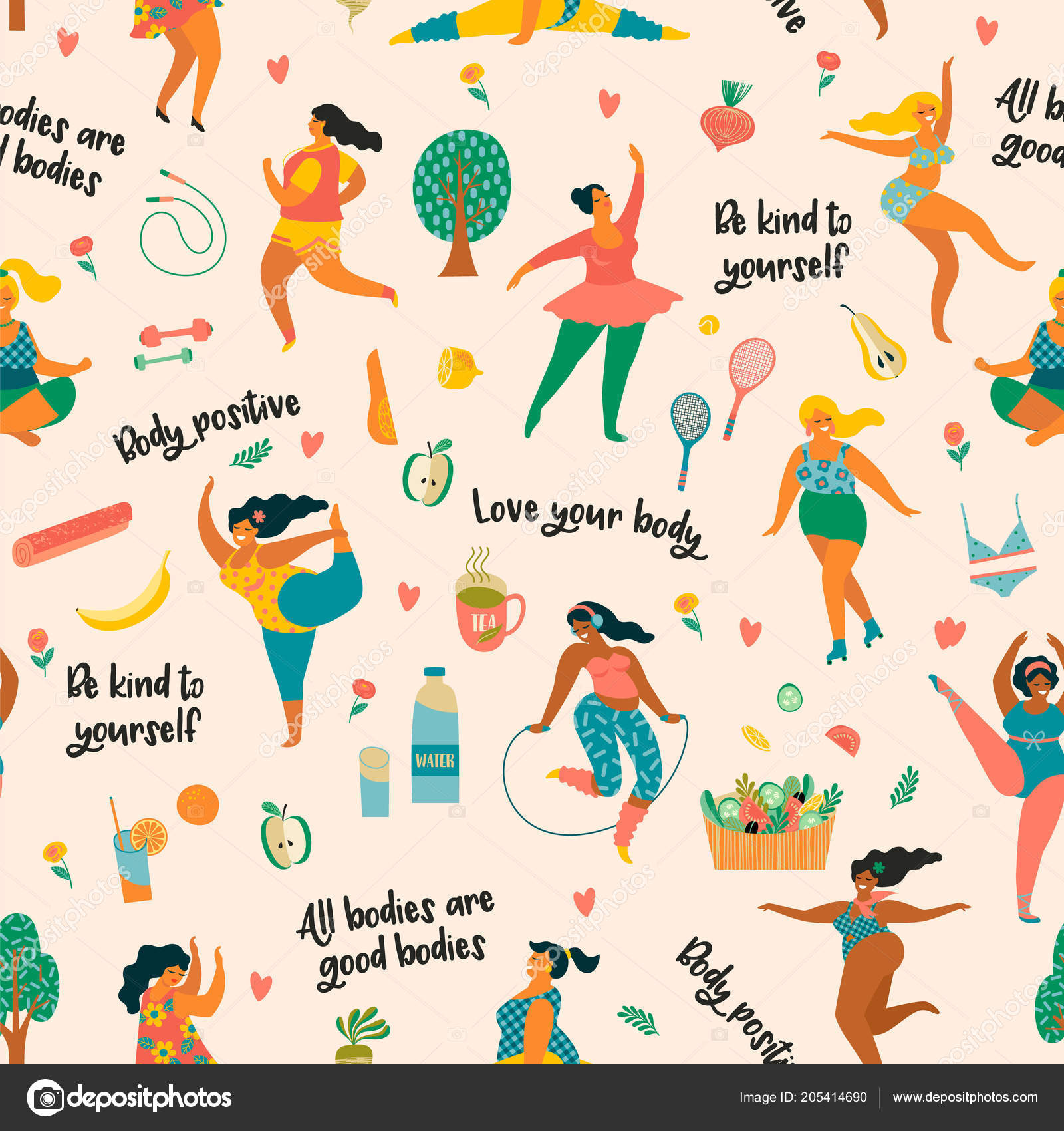 Body positive. Happy plus size girls and active lifestyle. Stock Vector ...