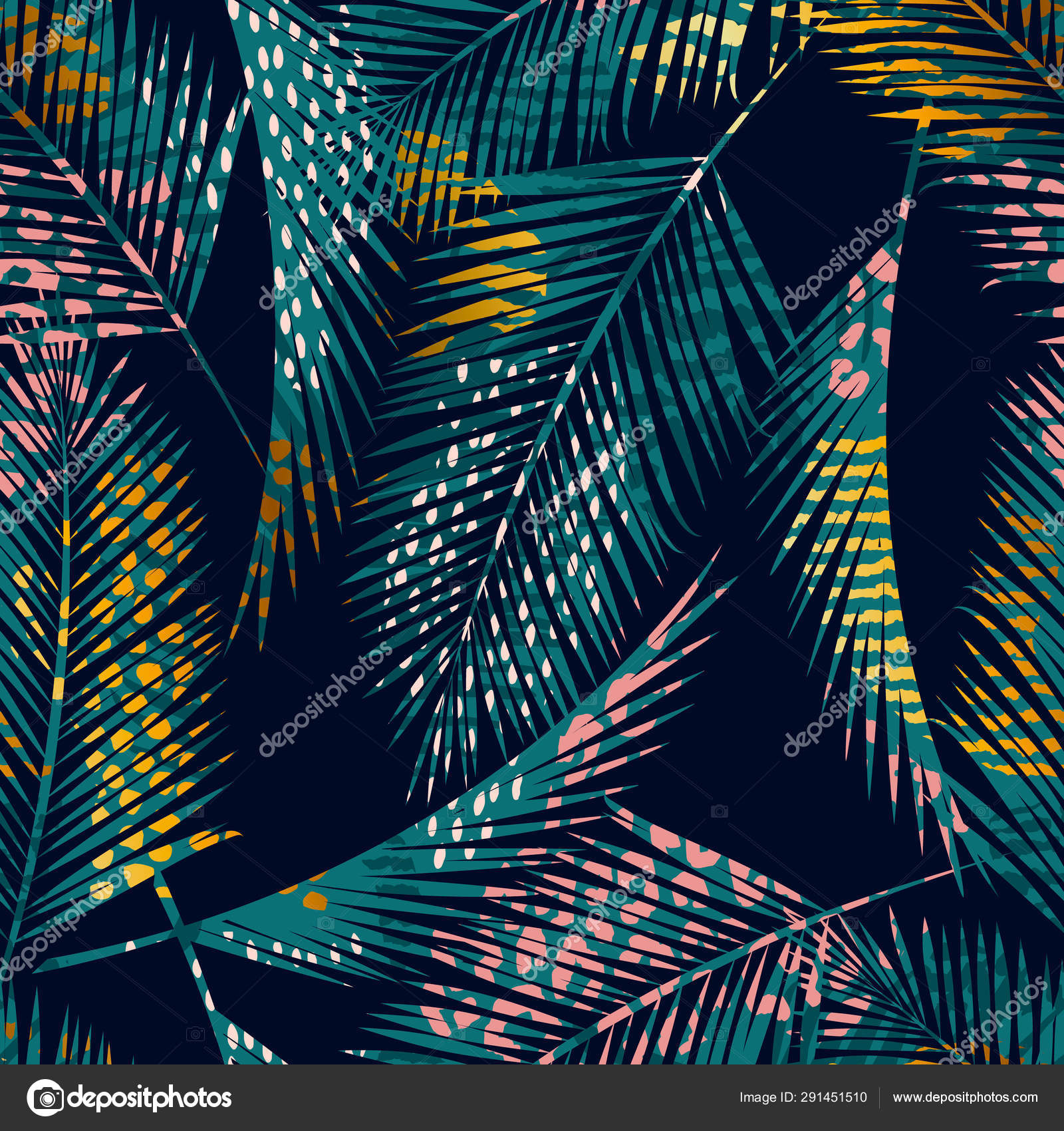 Trendy seamless exotic pattern with palm, animal prints and hand drawn ...