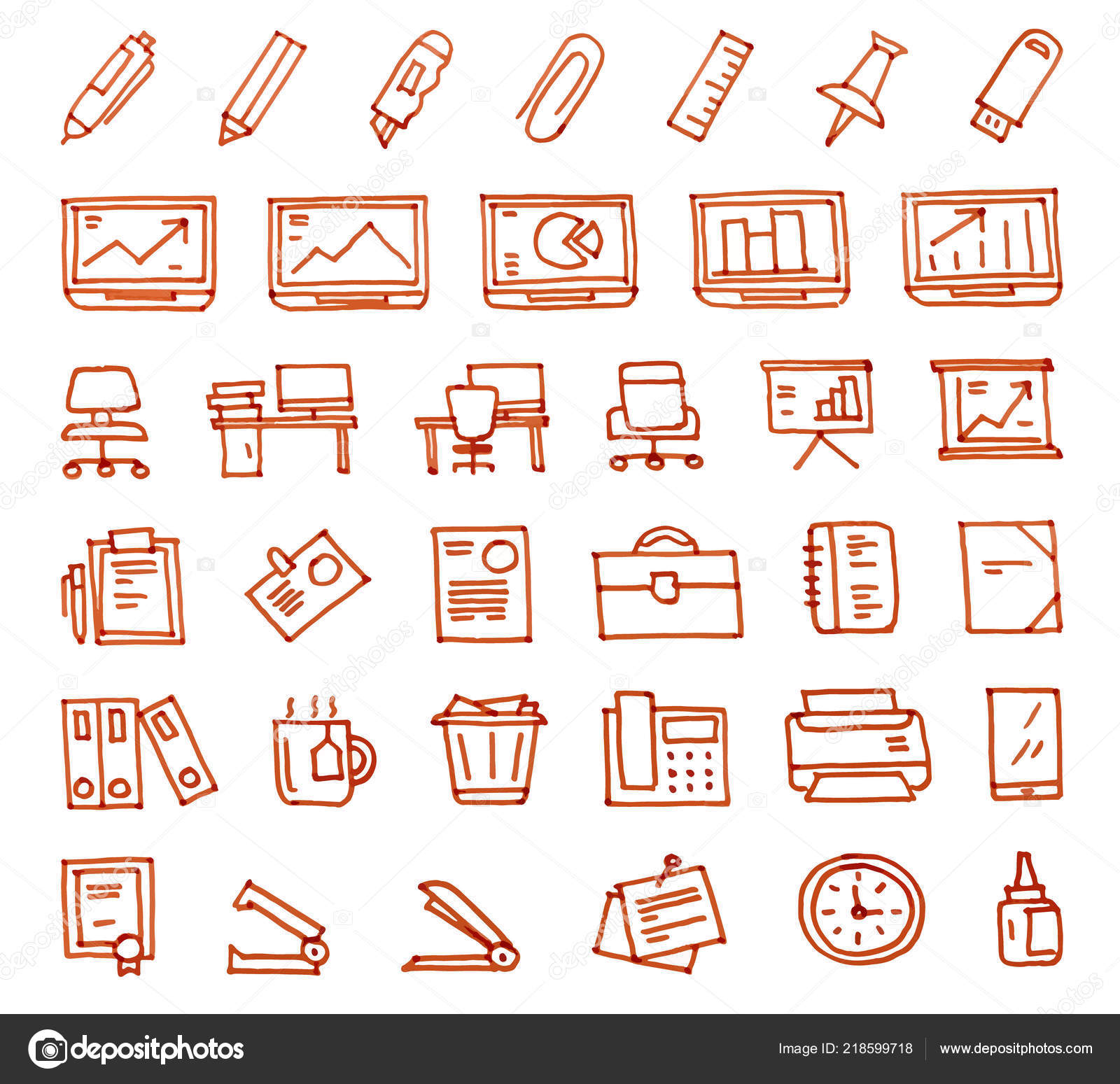 Office 36 Hand Drawn Icons Drawn With A Felt Tip Pen Stock Vector By