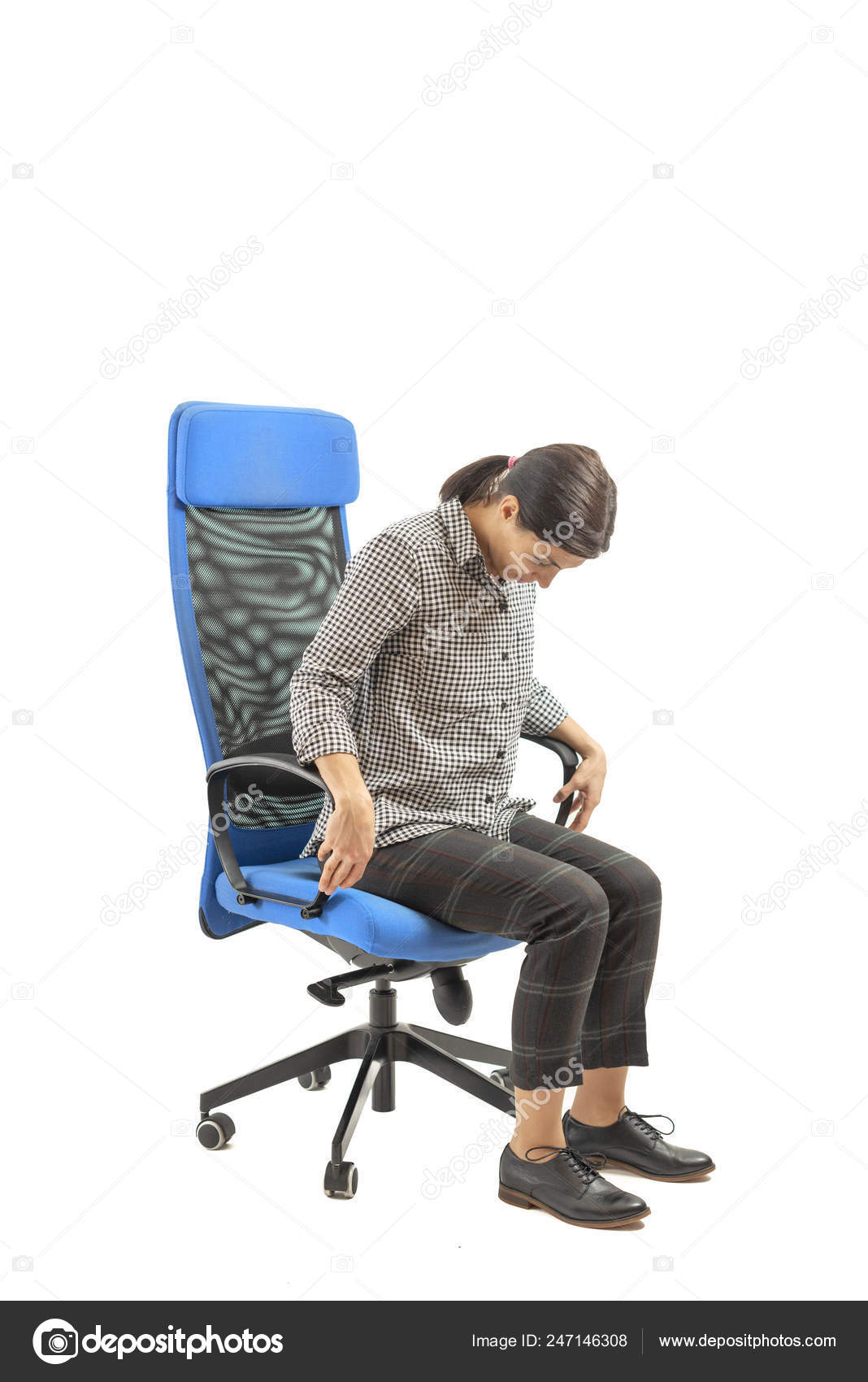 Woman Doing Exercises Neck Sitting Chair — Stock Photo © tutye #247146308