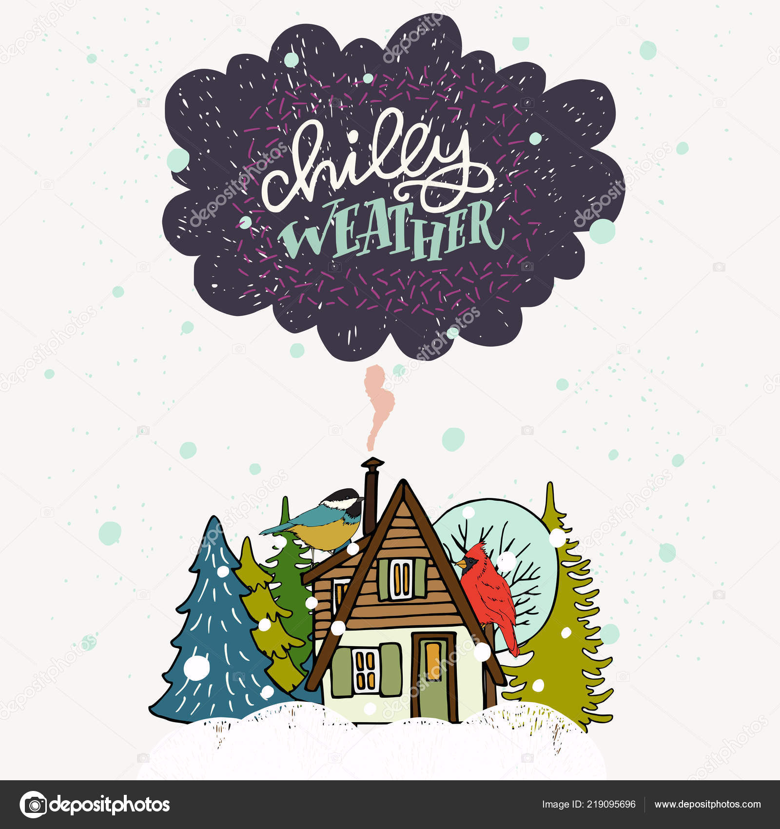 Chilly Weather Hand Lettering Hand Drawn Winter Scene Snowy Forest ...