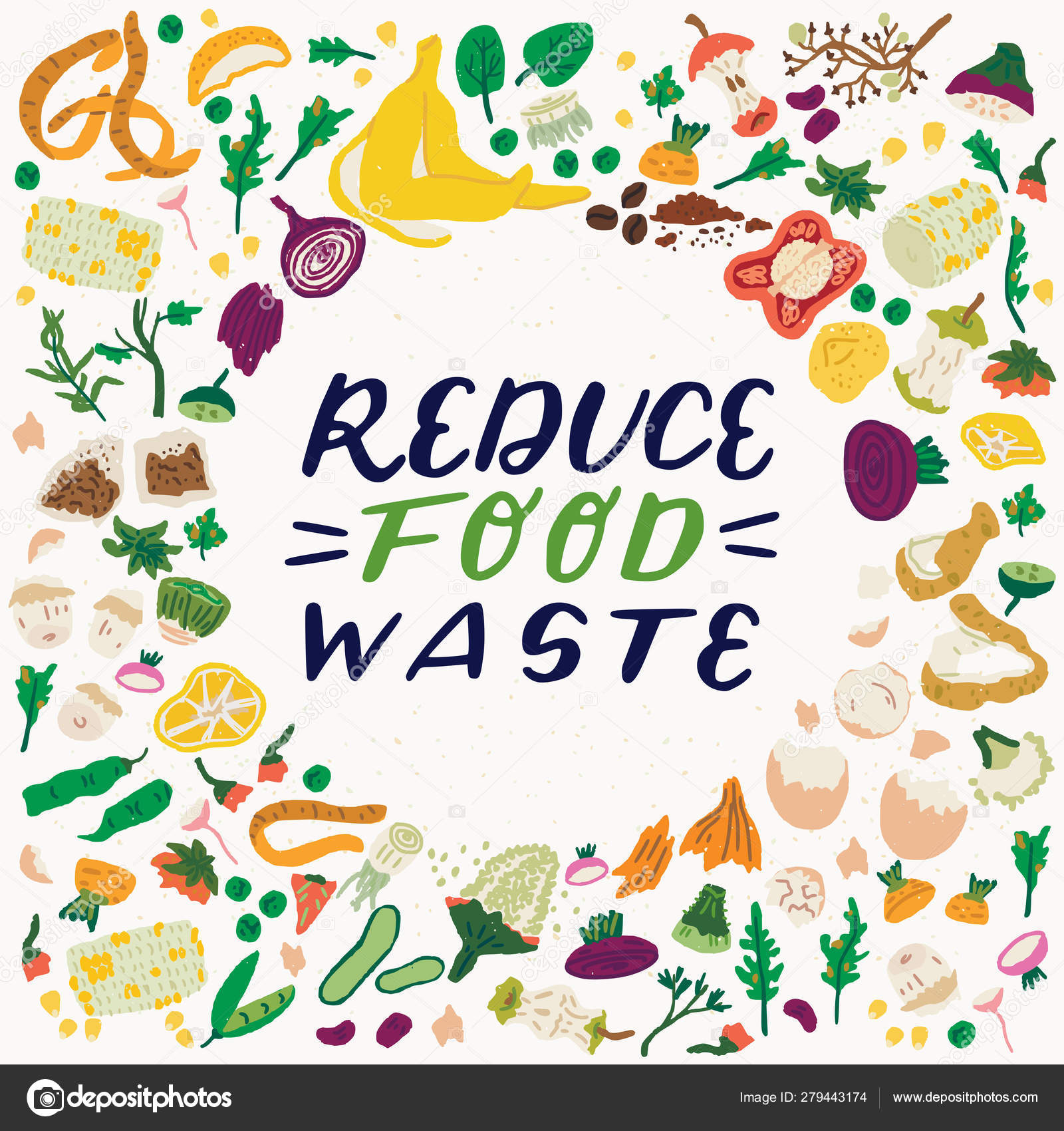 Reduce Food Waste inscription and food scraps Stock Vector Image by ...