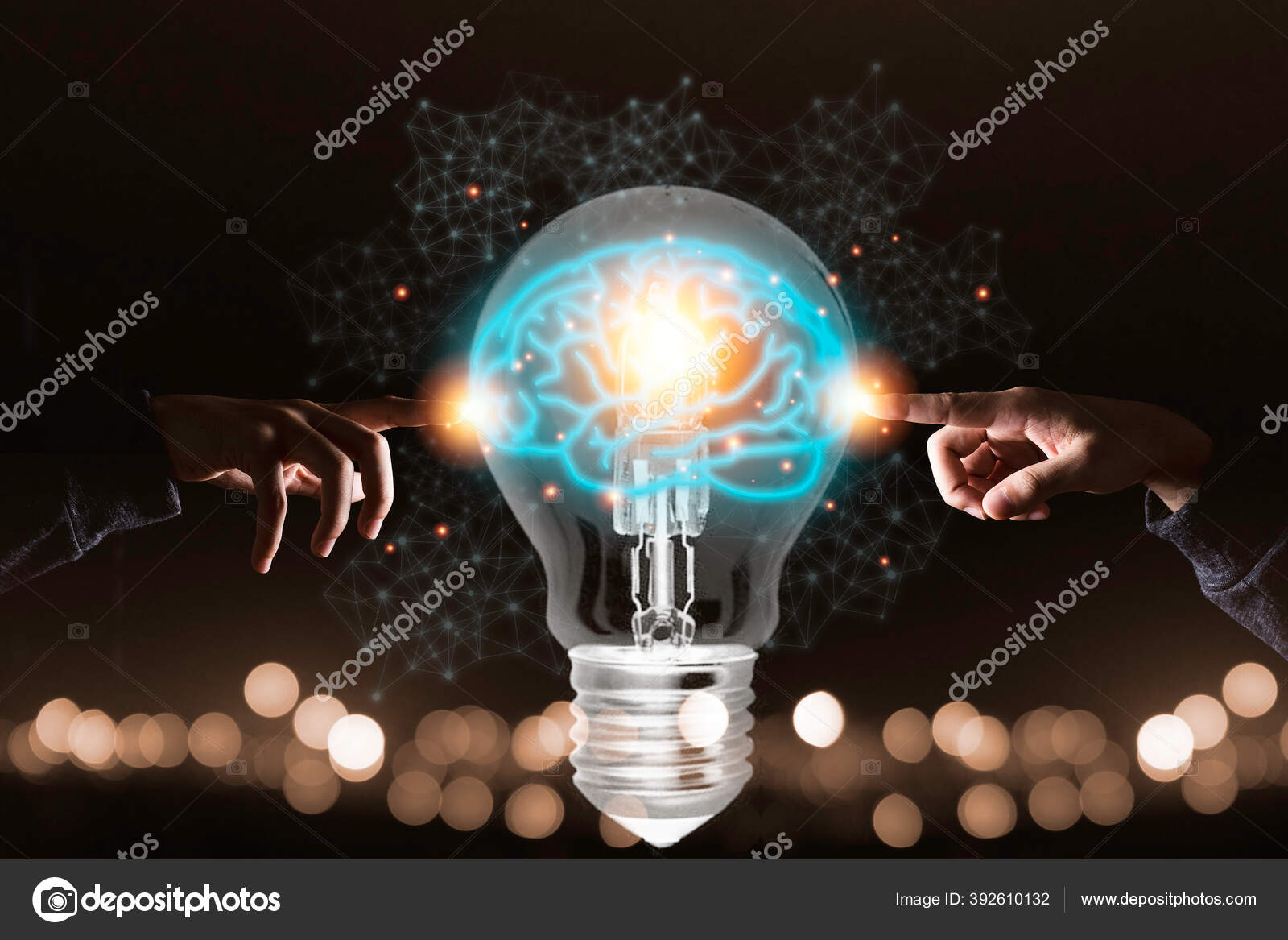 Two Hands Touching Virtual Light Bulb Brain Creative New Business ...