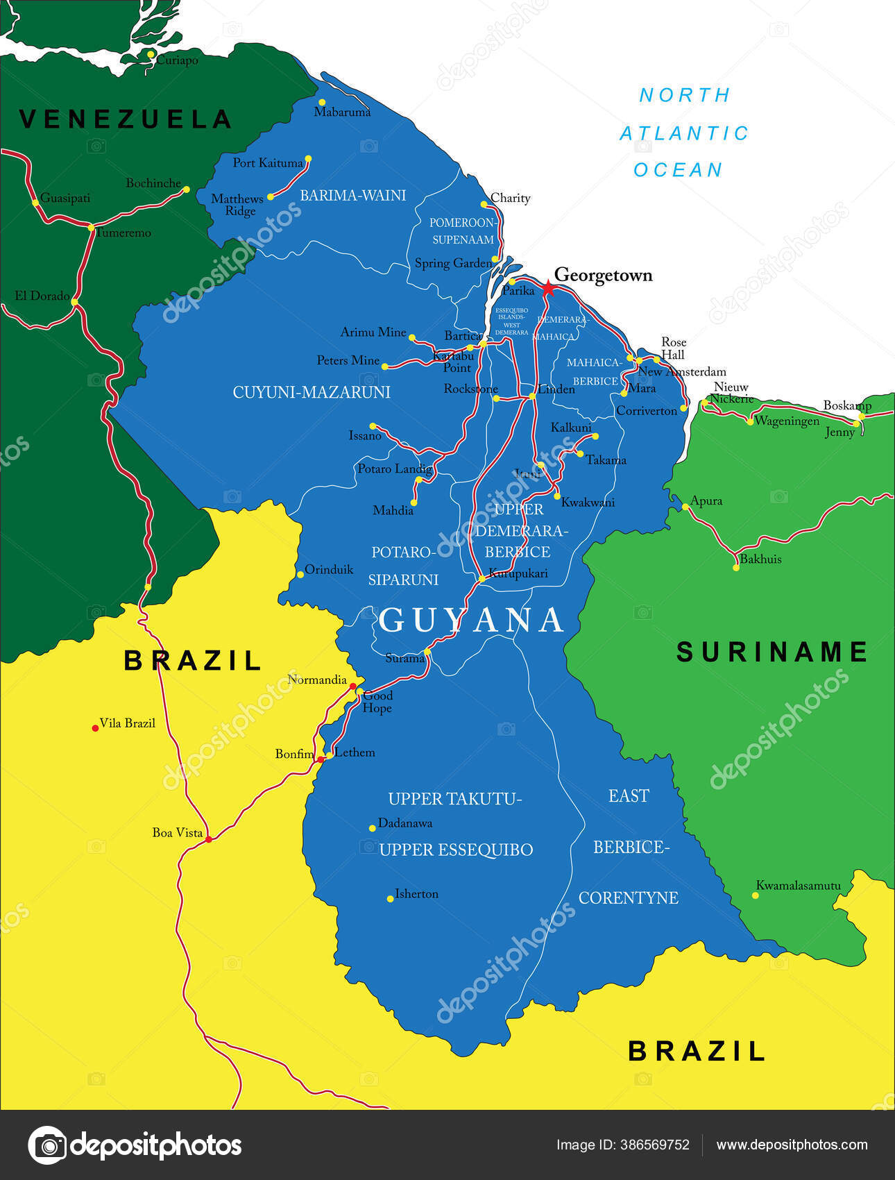 Guyana Mapa Vectorial Altamente Detallado Con Regiones Administrativas ...