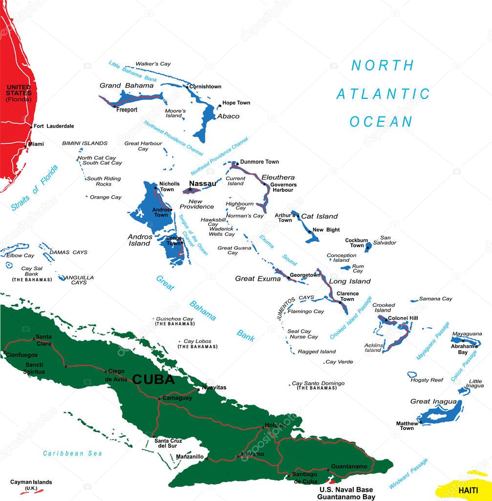 Mapa vectorial detallado de Bahamas con fronteras de país, nombres de ...