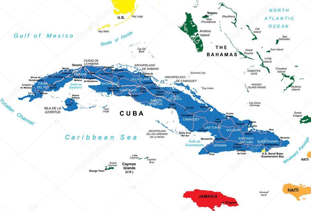 Mapa vectorial altamente detallado de Cuba con regiones administrativas ...