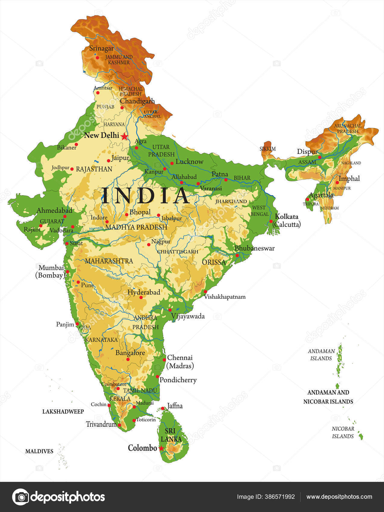 Inde Carte Physique Très Détaillée Format Vectoriel Avec Toutes Les ...