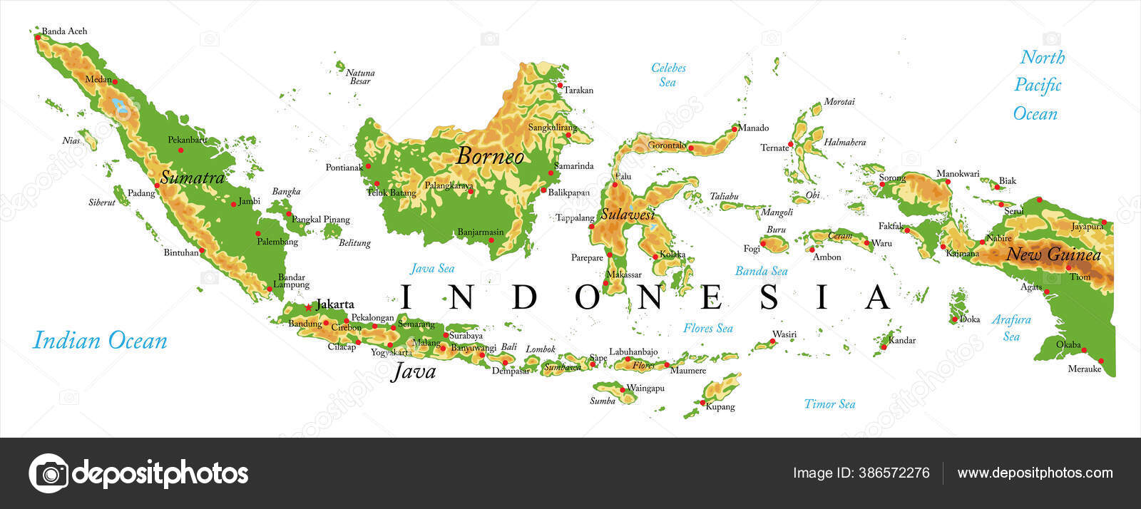 Indonesia Mapa Físico Altamente Detallado Formato Vectorial Con Todas ...