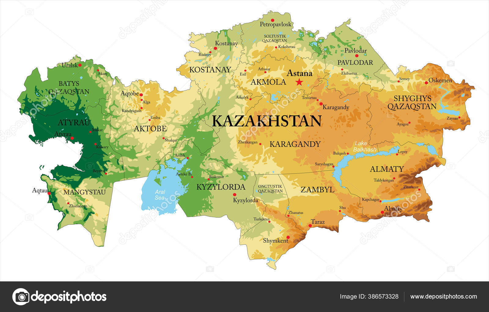 Cazaquistão Mapa Físico Altamente Detalhado Formato Vetorial Com Todas ...
