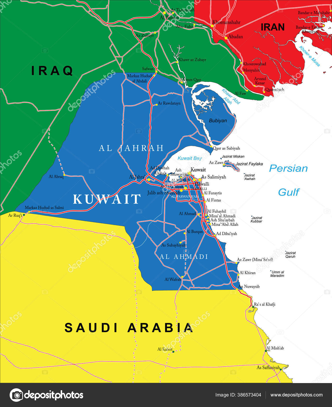 Kuwait Highly Detailed Vector Map Administrative Regions Main Cities ...