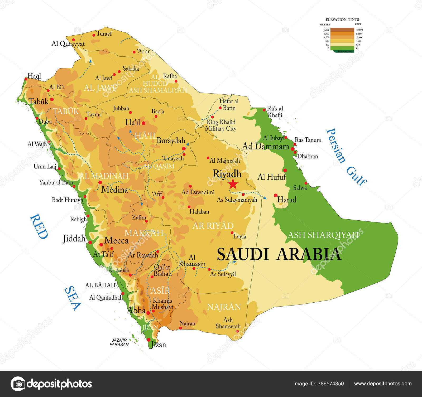 Suudi Arabistan 'In Detaylı Fiziksel Haritası Vektör Formatında Tüm ...