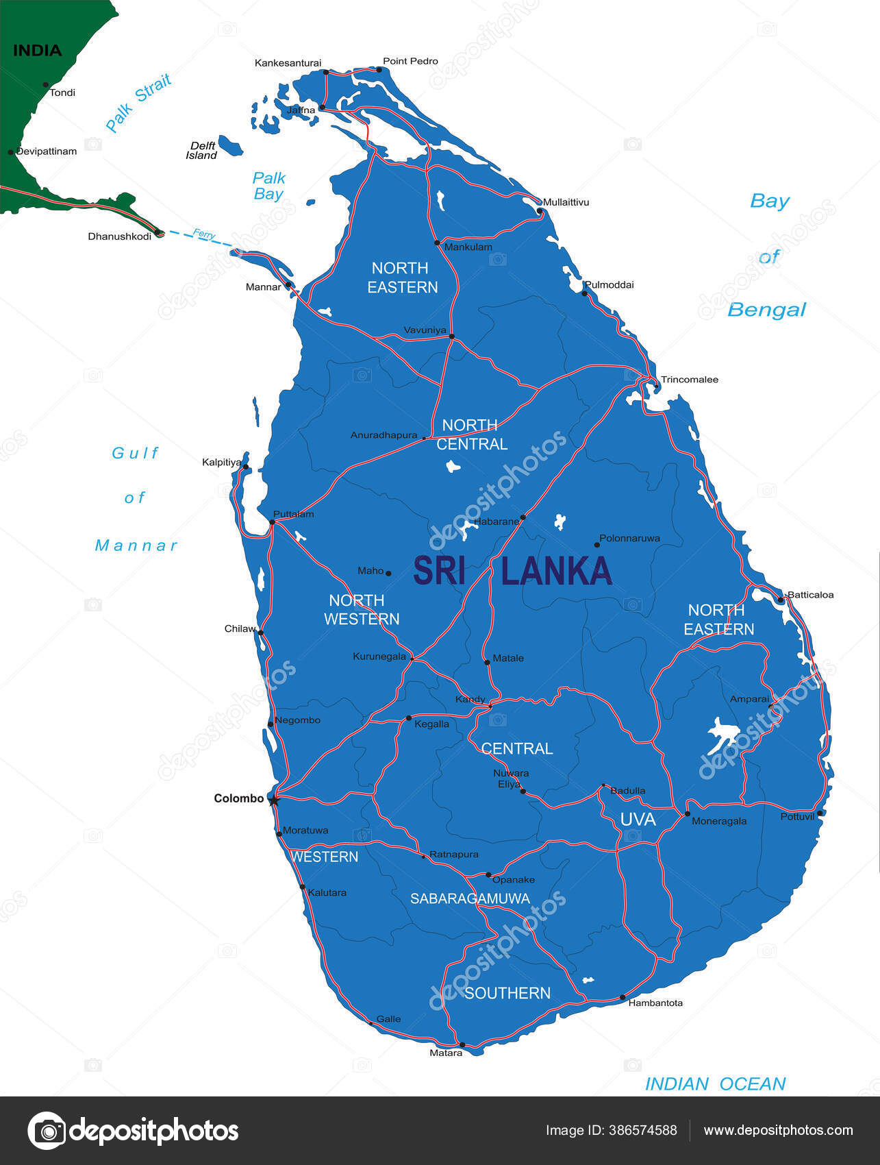 斯里兰卡详细的矢量地图 附有国家边界 主要道路和高度详细的国家概况 图库矢量图©BogdanSerban 386574588