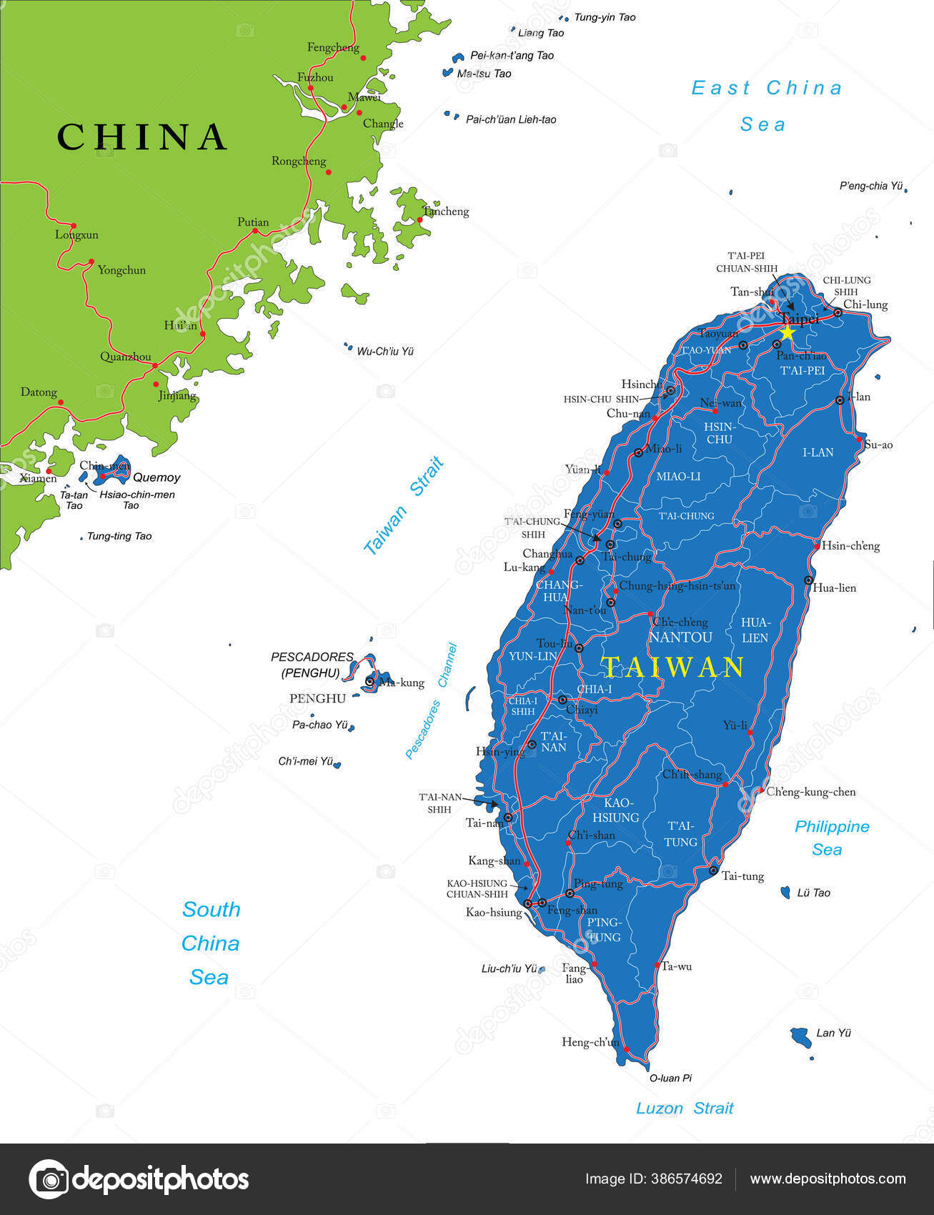 Taiwan Highly Detailed Vector Map Administrative Regions Main Cities ...