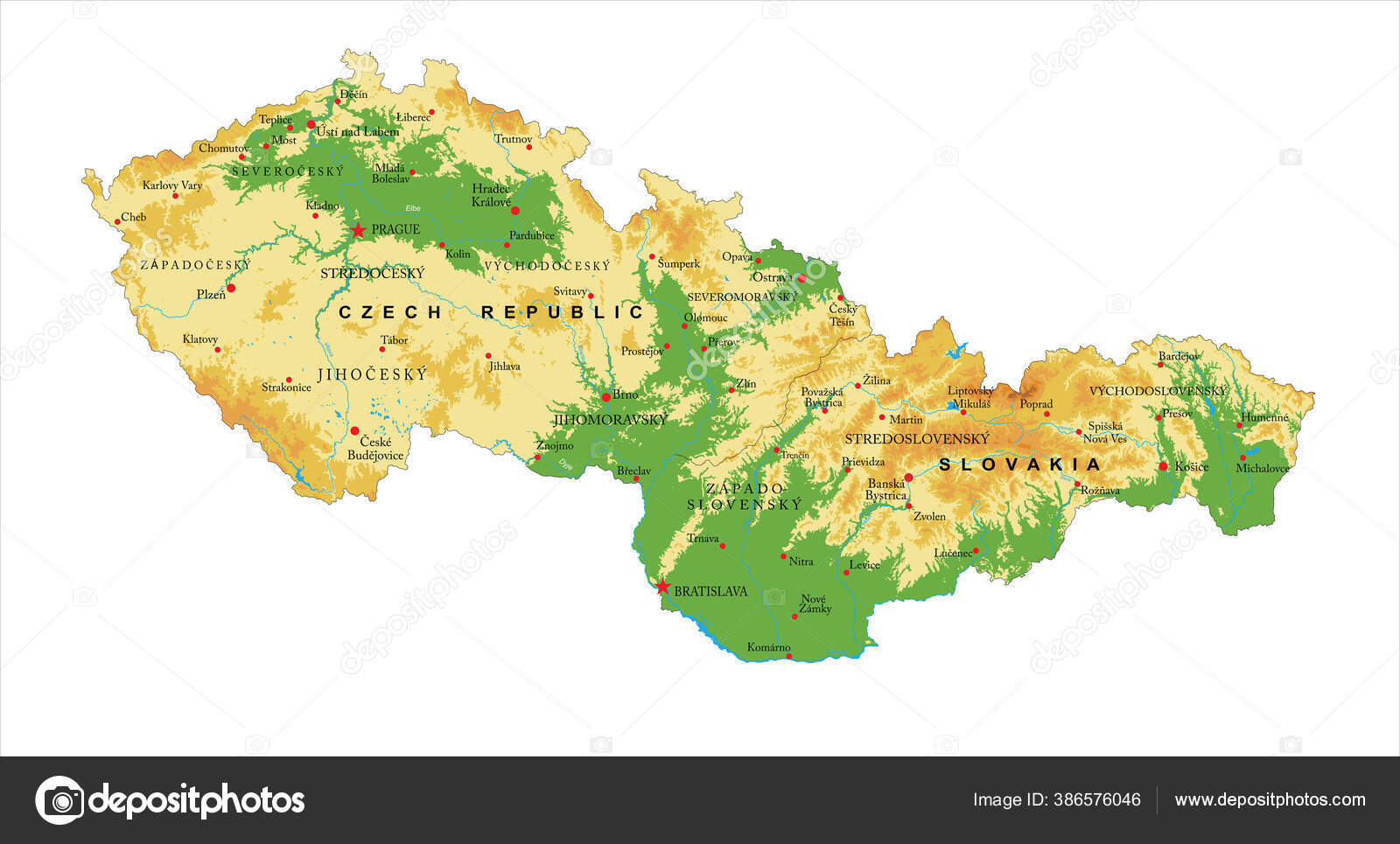 Highly Detailed Physical Map Czech Republic Slovakia Vector Format All ...