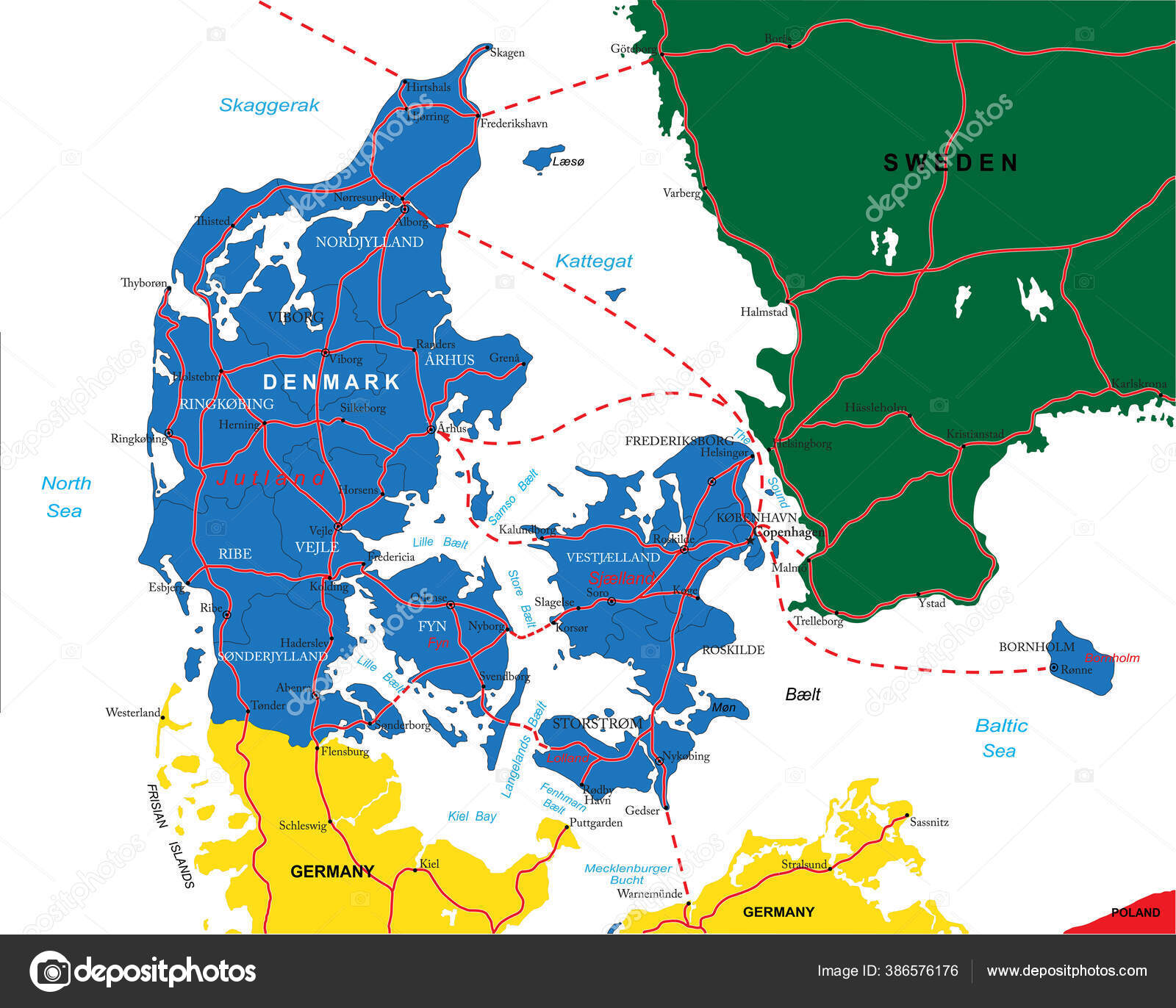 Highly Detailed Vector Map Denmark Administrative Regions Main Cities ...