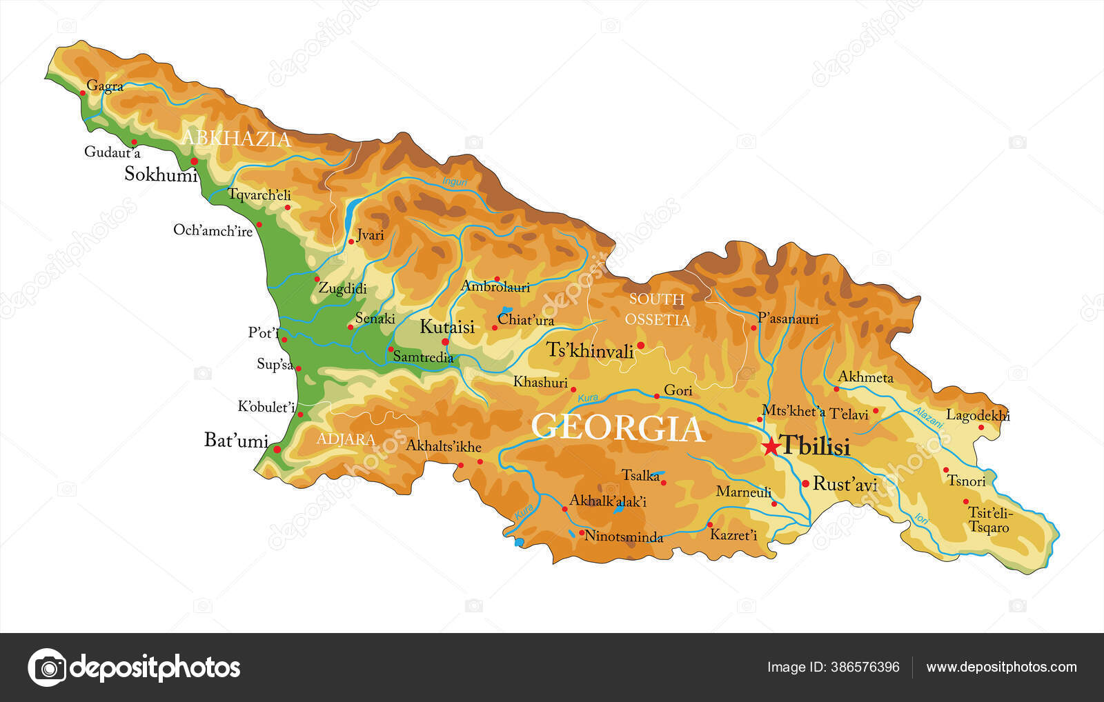 Mapa Físico Altamente Detalhado Geórgia Formato Vetorial Com Todas ...