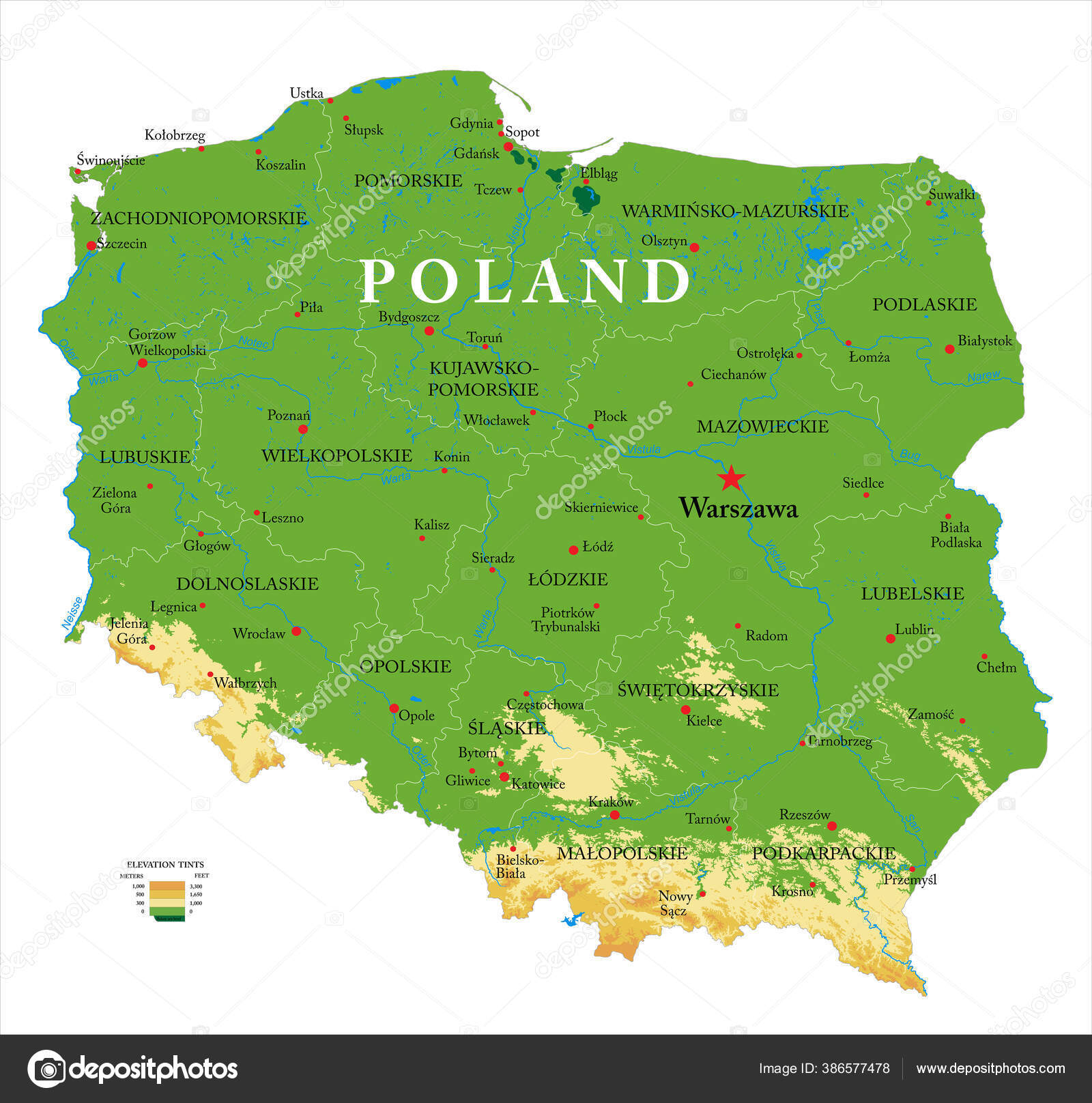 Highly Detailed Physical Map Poland Vector Format All Relief Forms ...