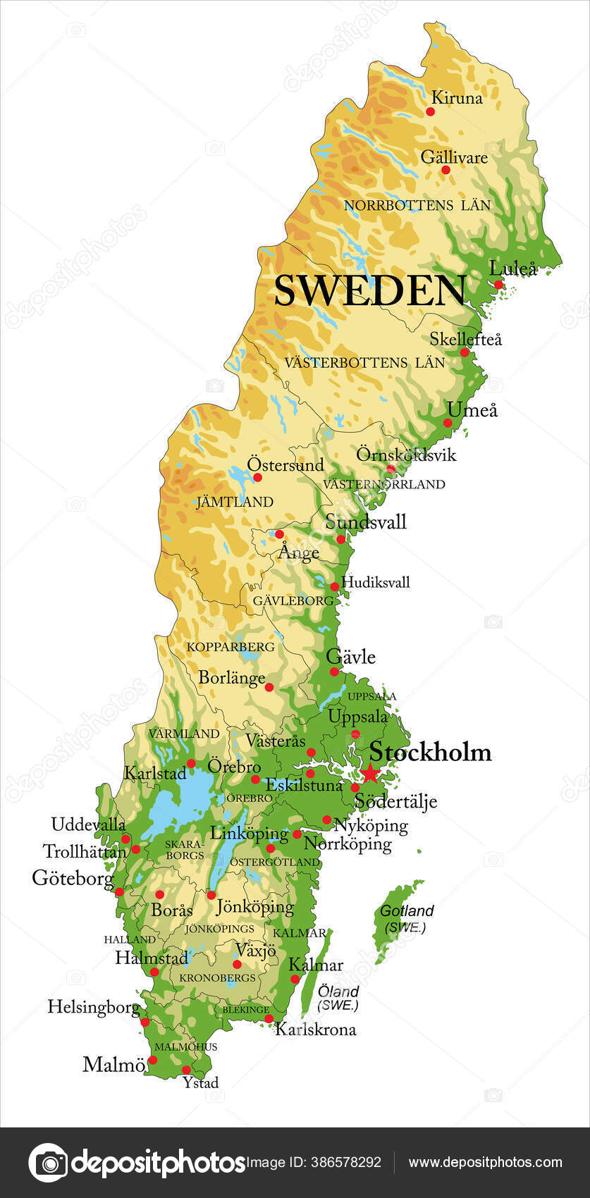 Meget Detaljeret Fysisk Kort Sverige Vektorformat Med Alle Relief ...