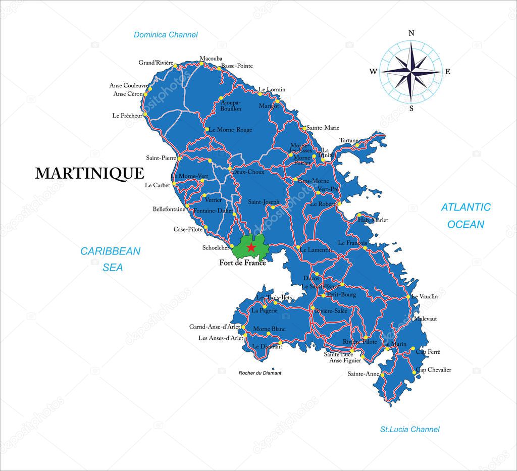 Martinica mapa vectorial altamente detallado con regiones ...