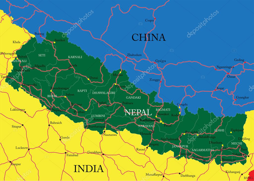 Nepal mapa vectorial altamente detallado con regiones administrativas, principales ciudades y ...