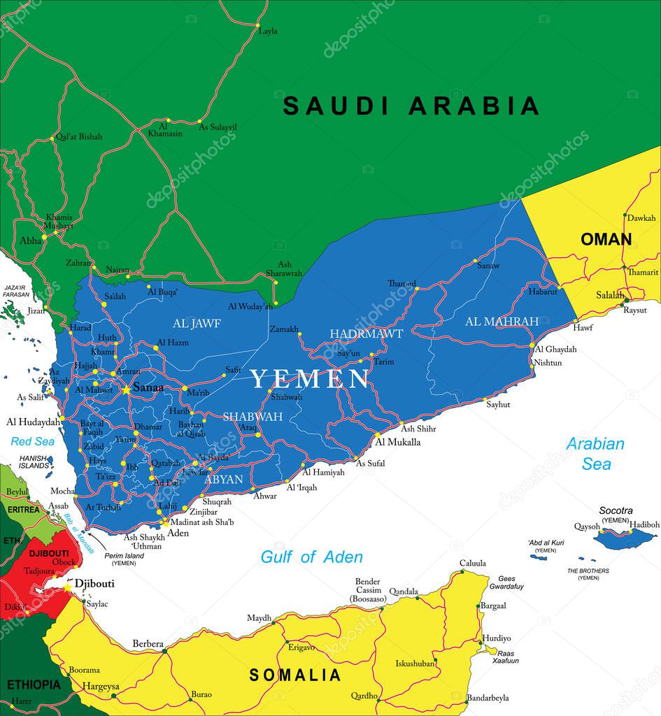 Mapa vectorial altamente detallado de Yemen con regiones ...