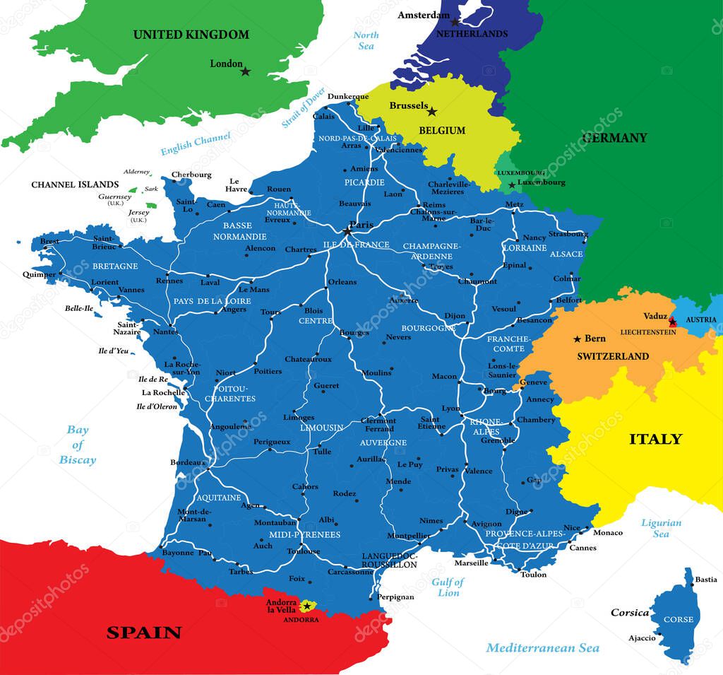 Mapa vectorial altamente detallado de Francia con las principales ...