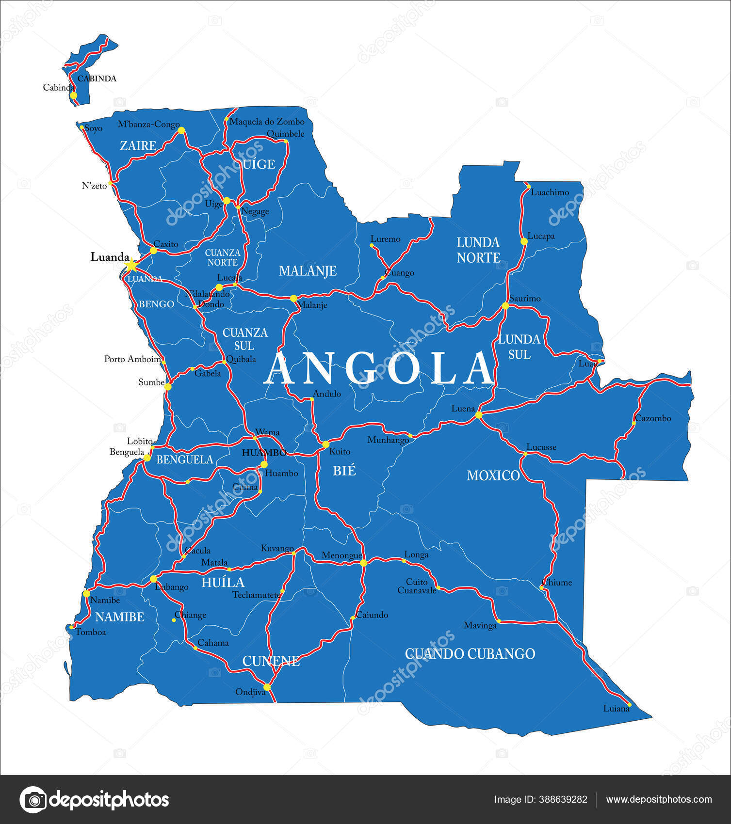 Angola Mapa Vectorial Con Fronteras Nacionales Nombres Condados ...