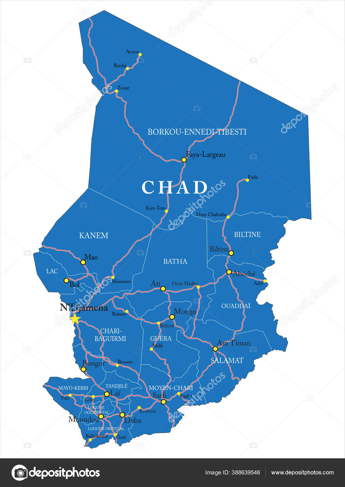 Carte Vectorielle Très Détaillée Tchad Avec Les Régions Administratives ...