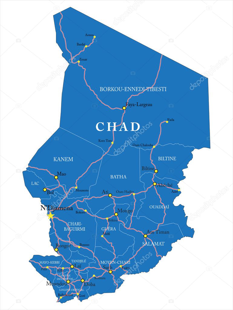 Chad Mapa Vectorial Altamente Detallado Con Regiones Administrativas ...