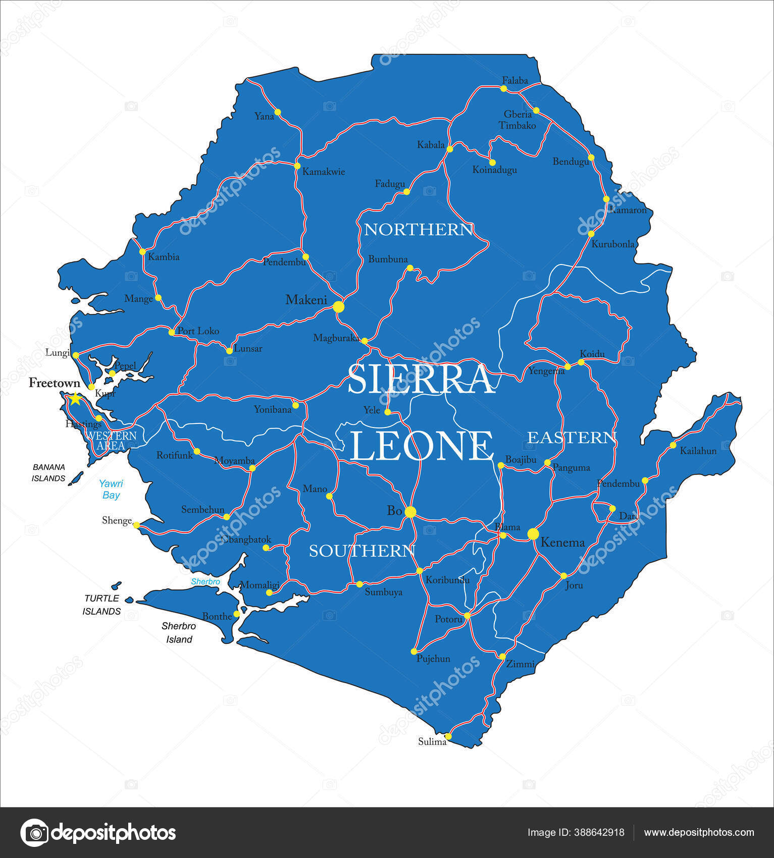 Vettoriale stockSierra Leone Mappa Vettoriale Altamente Dettagliata Con ...