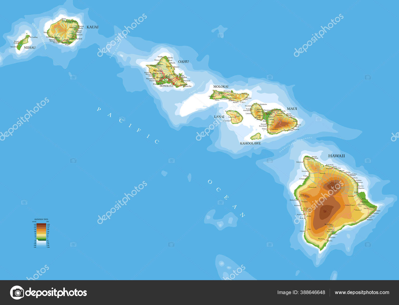 Highly Detailed Physical Map Hawaii Islands Vector Format All Relief ...