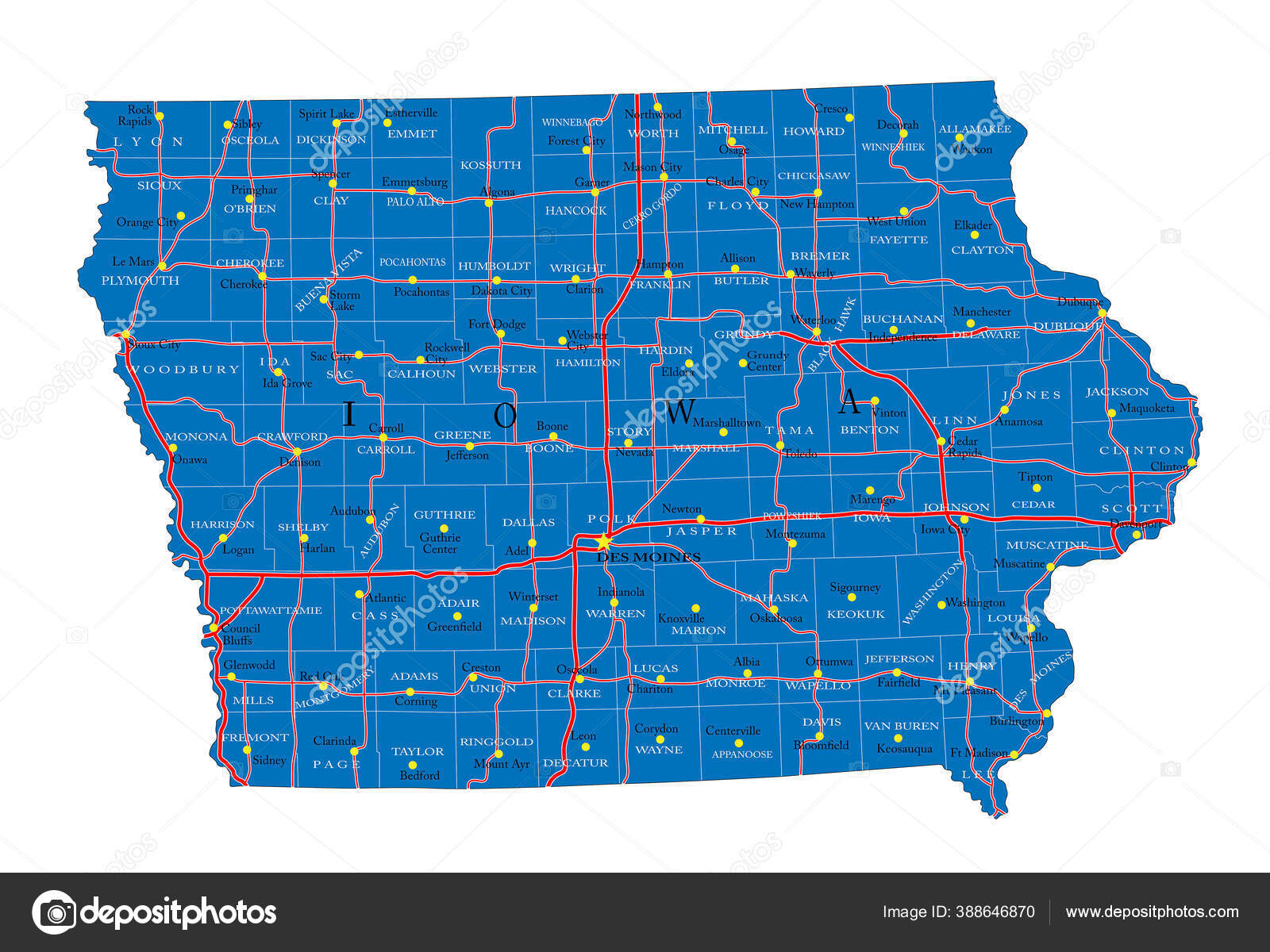 Detailed Map Iowa State Vector Format County Borders Roads Major Stock ... Detailed Map Iowa State Vector Format County Borders Roads Major Stock ...