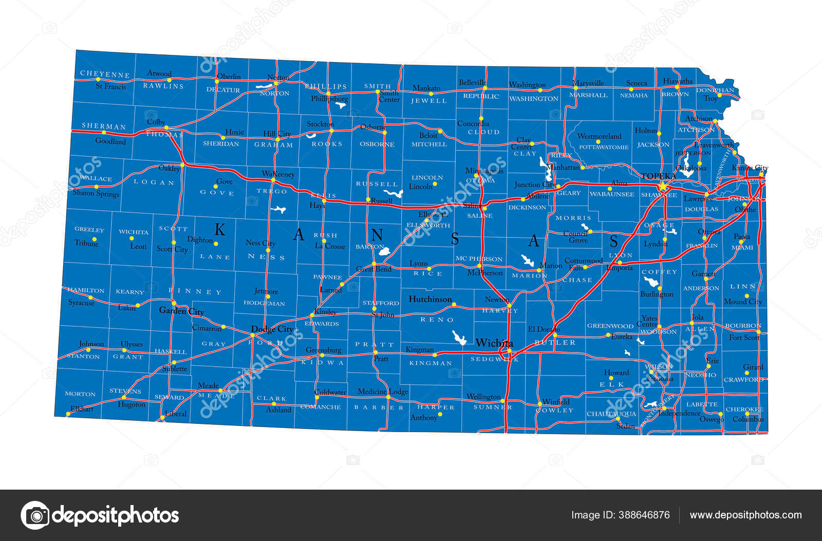 Detailed Map Kansas State Vector Format County Borders Roads Major ...