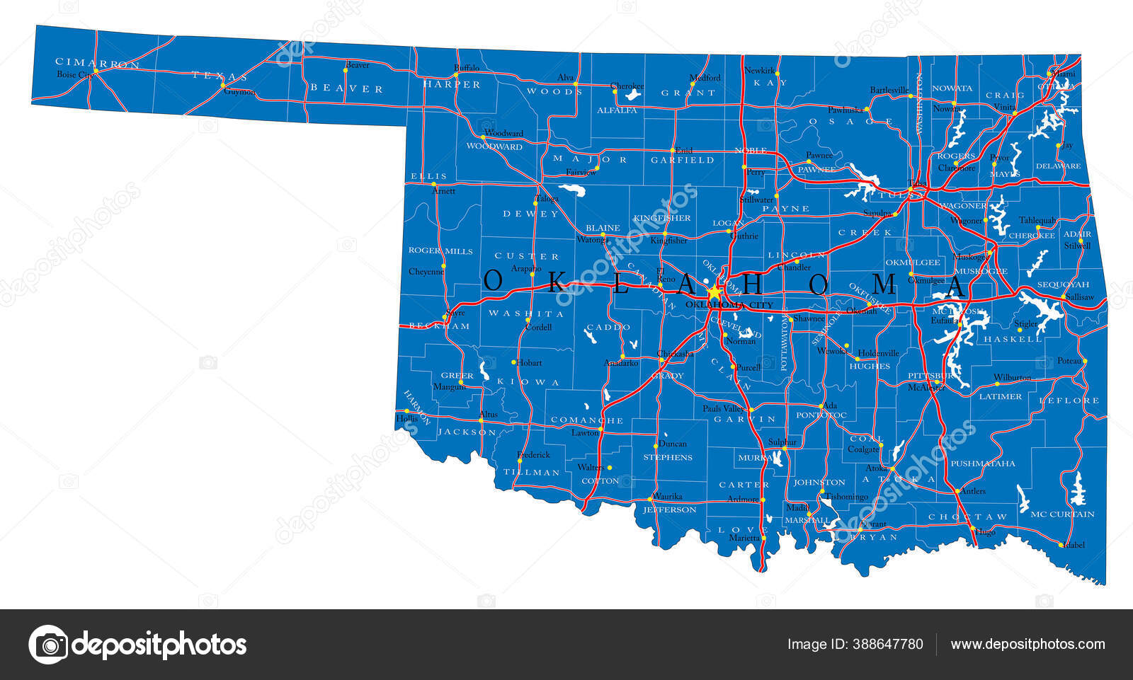 Mapa Detalhado Estado Oklahoma Formato Vetorial Com Fronteiras Condado ...