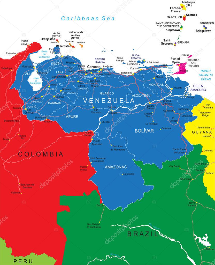 Mapa vectorial altamente detallado de Venezuela con regiones ...