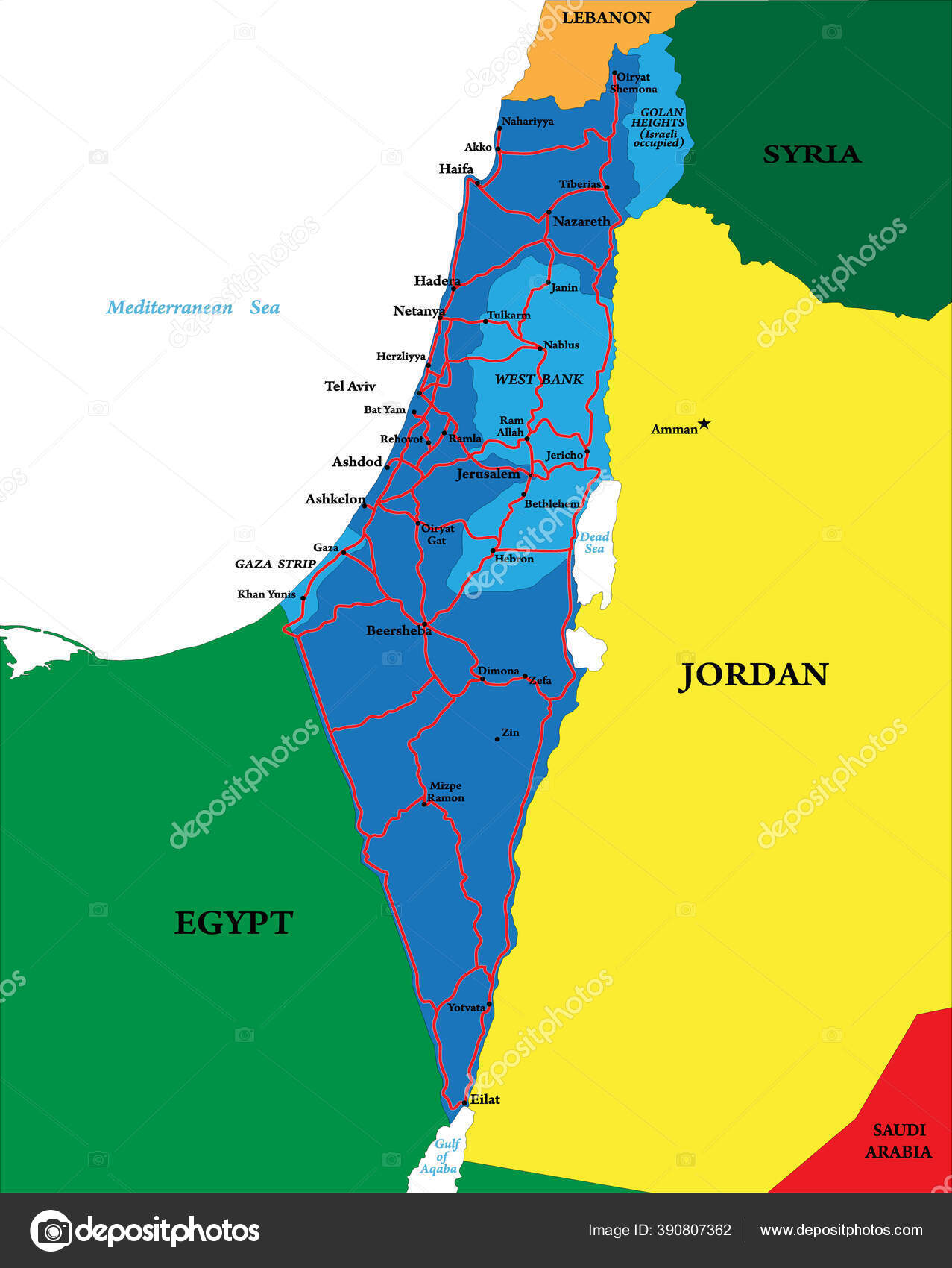 Peta Vektor Israel Yang Sangat Rinci Dengan Kota Kota Utama Vektor Stok ...