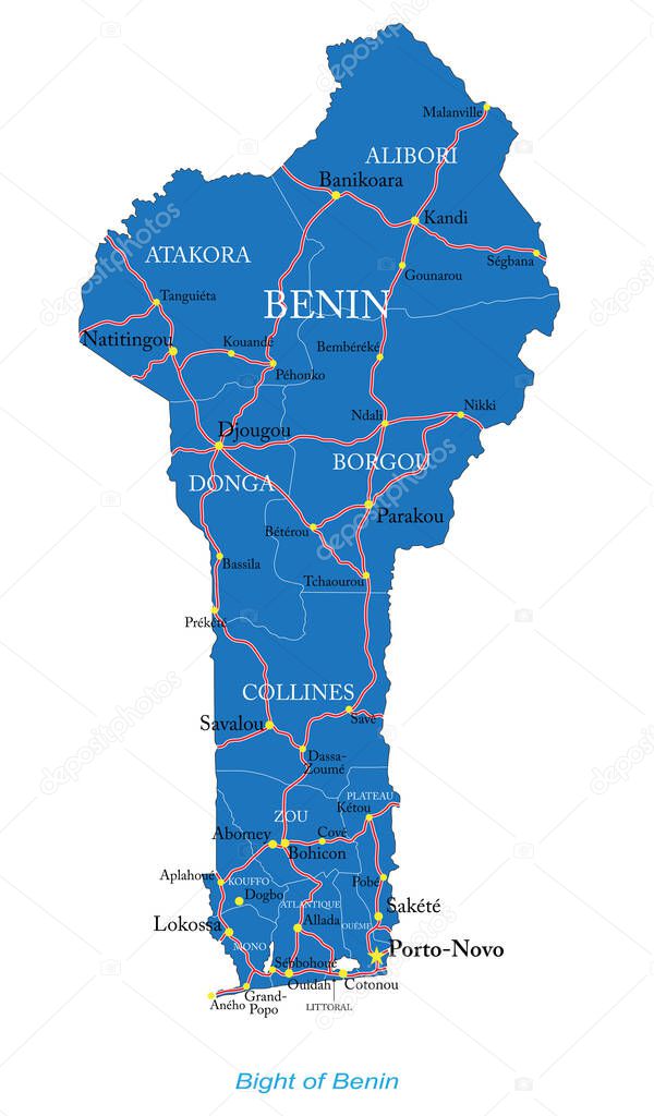 Mapa vectorial altamente detallado de Benín con provincias, ciudades ...