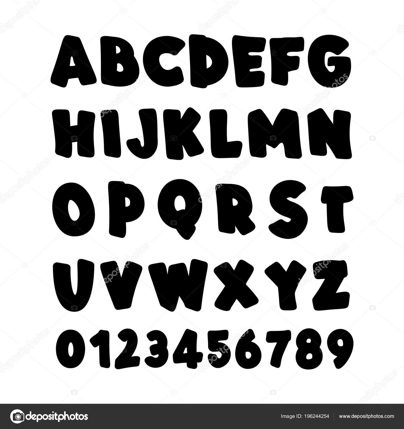 Latin alphabet. Childrens font in cute black cartoon style. Stock ...