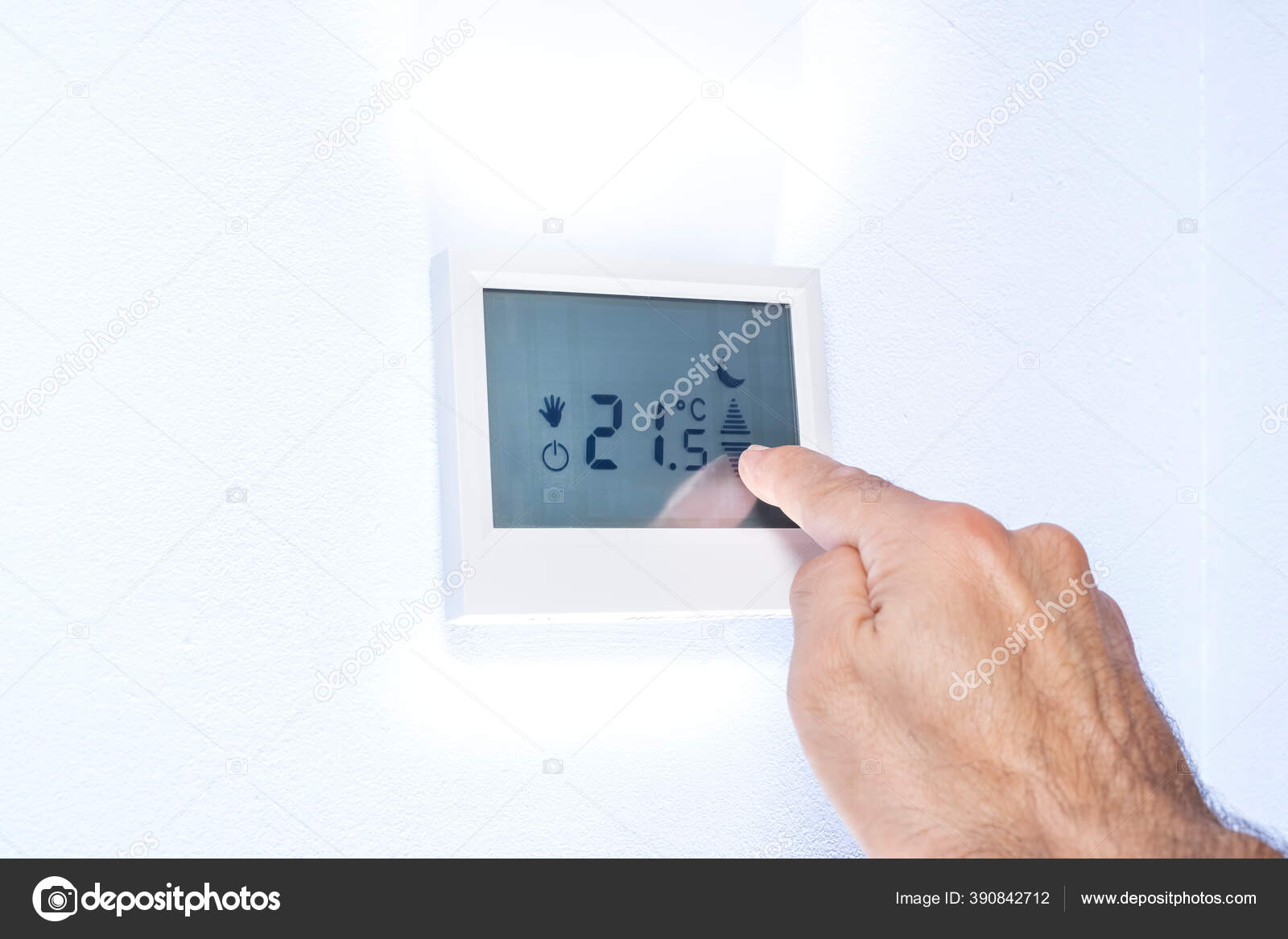 Hand Pressing Touch Screen Thermostat Adjusting Temperature — Stock ...