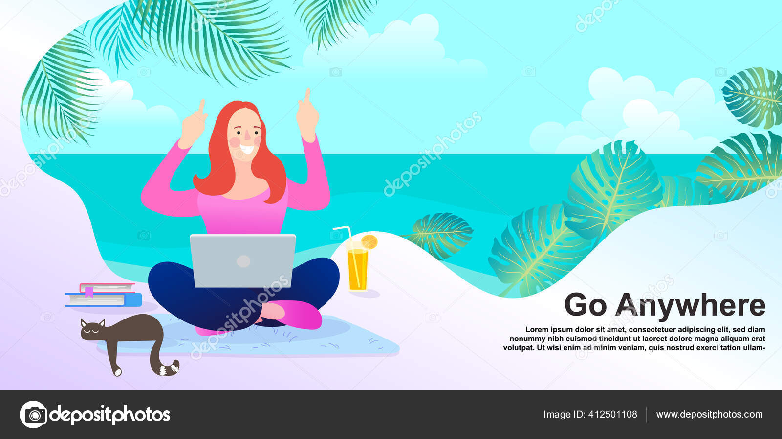 Summer Girl Beach Staying Home Vacation Enjoy Cartoon Illustration ...