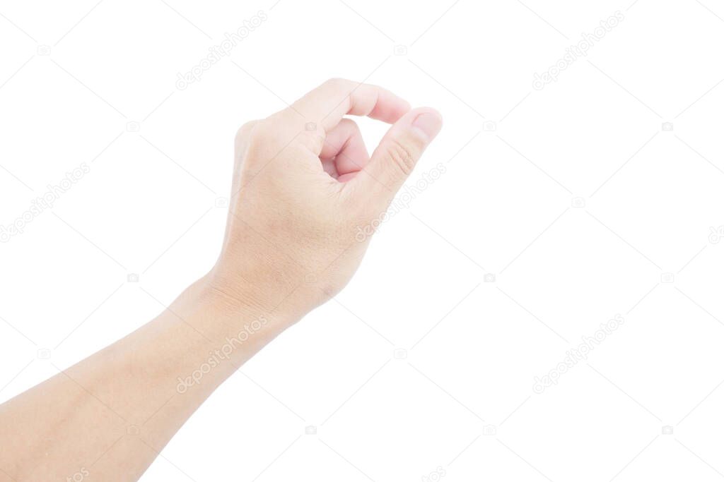 La mano del hombre asiático mostró gesto para agarrar algo.Aislado ...
