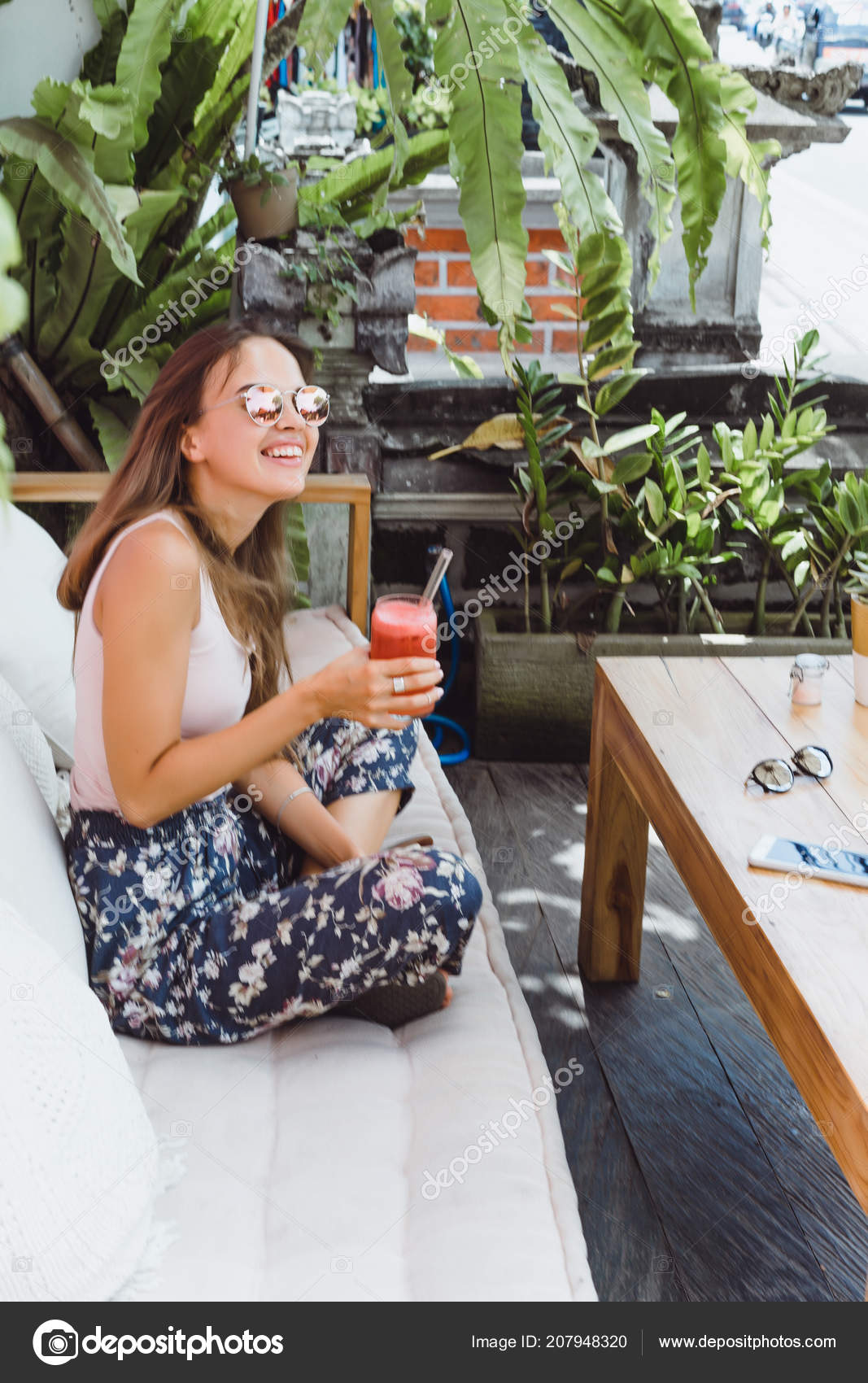 Beautiful Woman Has Breakfast Stylish Cafe Healthy Breakfast Fruit ...