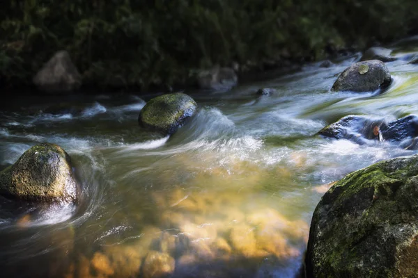 creek with stones and small stream rapids, smooth water by long time ...