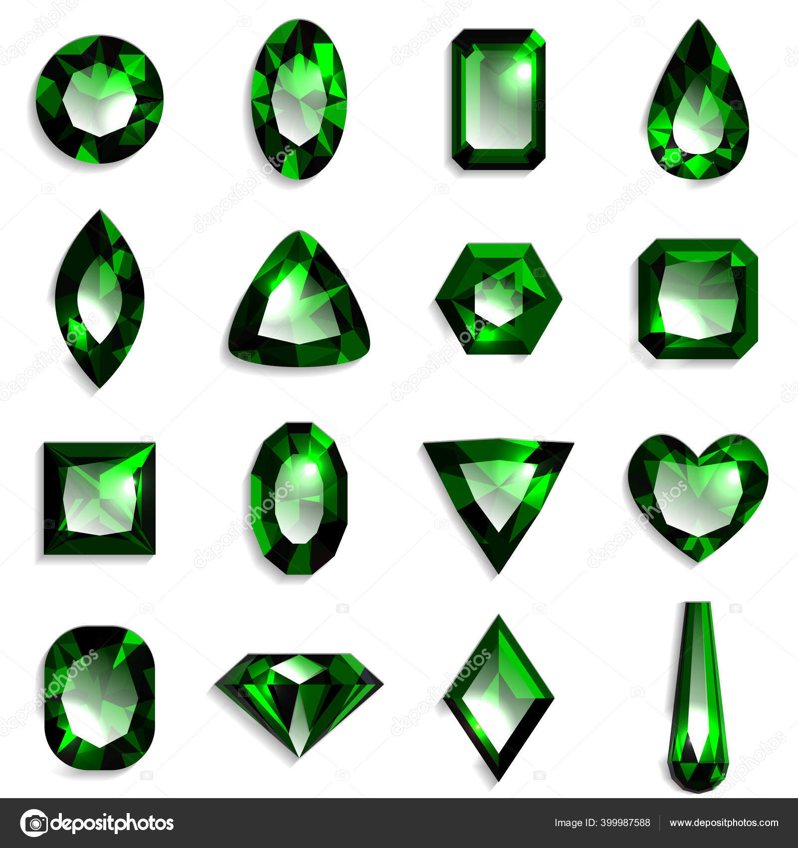 Set Green Gemstones Various Shapes Jewels White Background Vector ...