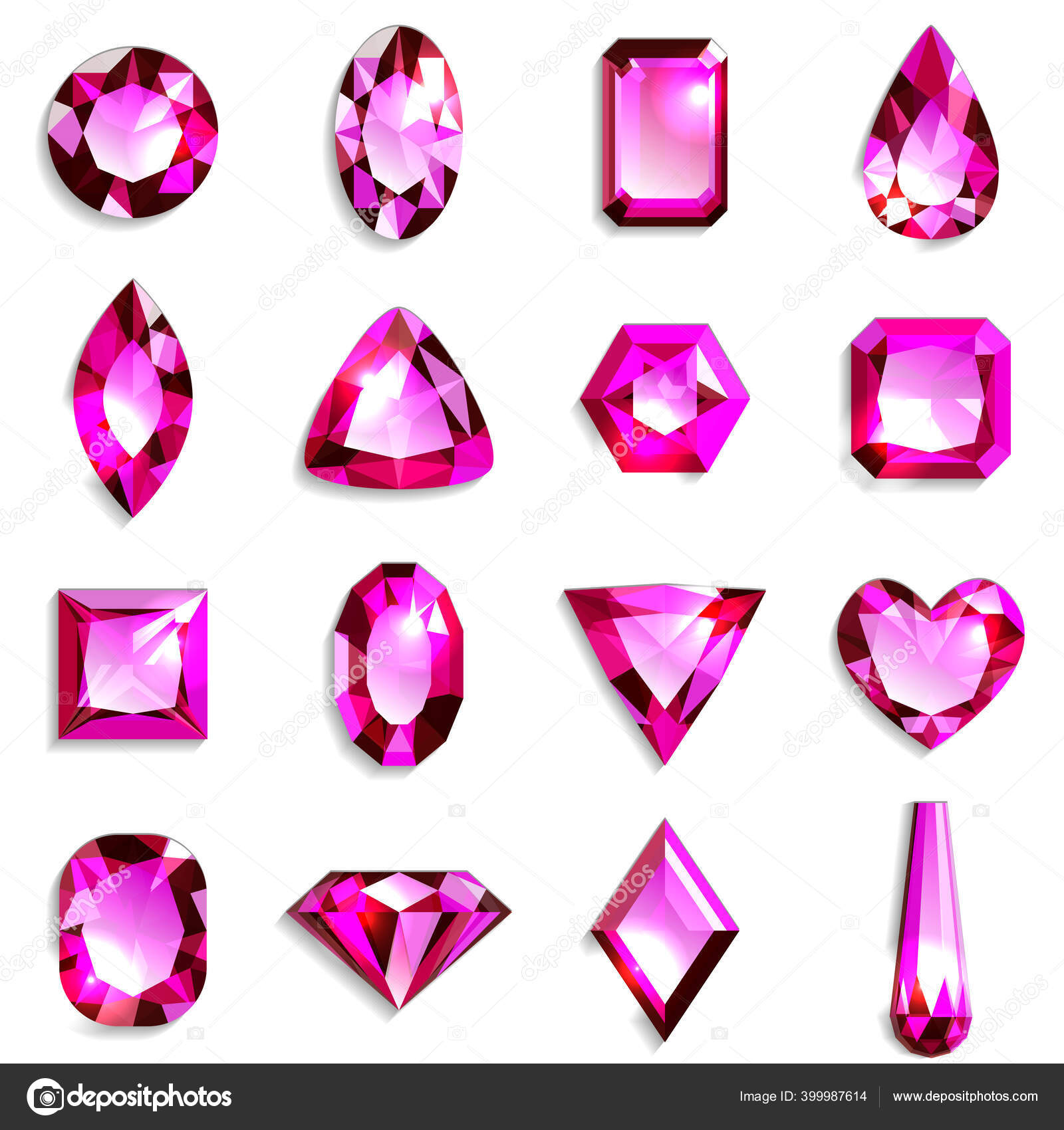 Set Pink Gemstones Various Shapes Jewels White Background Vector ...