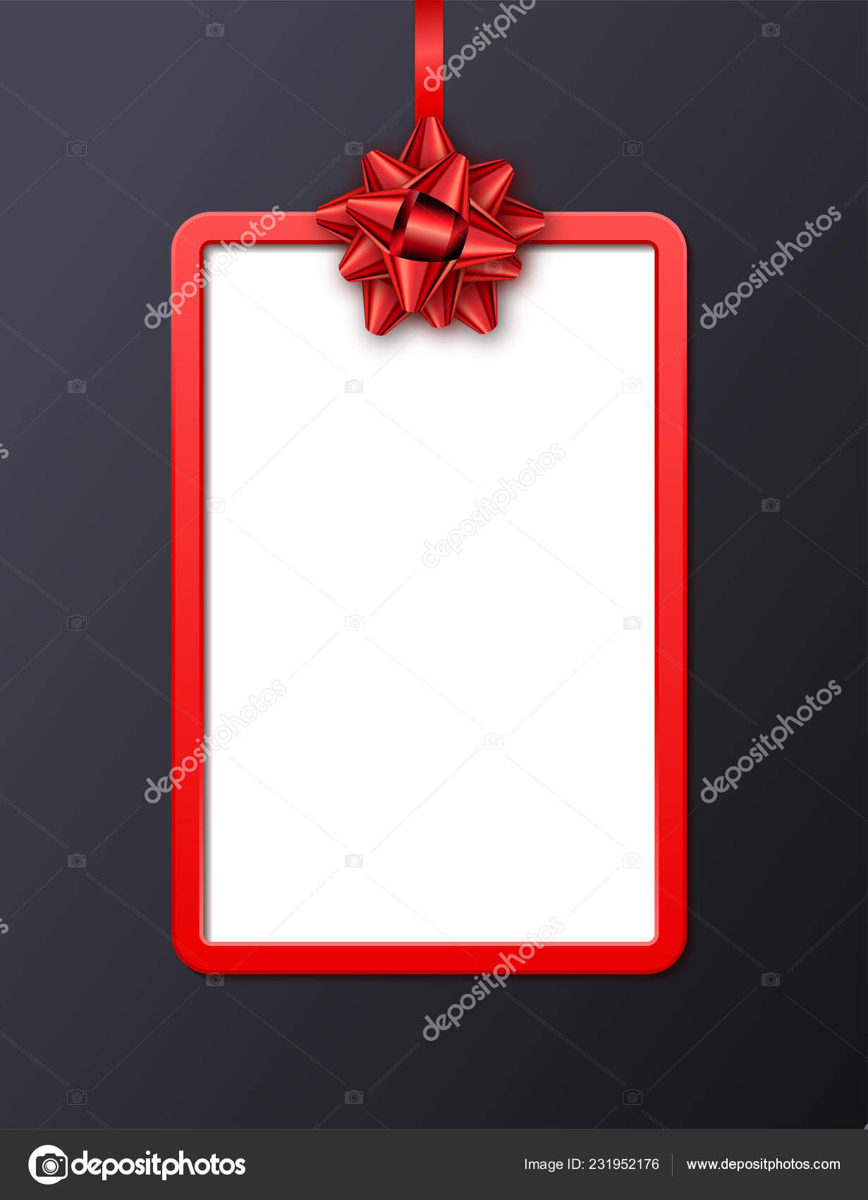 Greeting card with red frame, ribbon and bow on black background ...