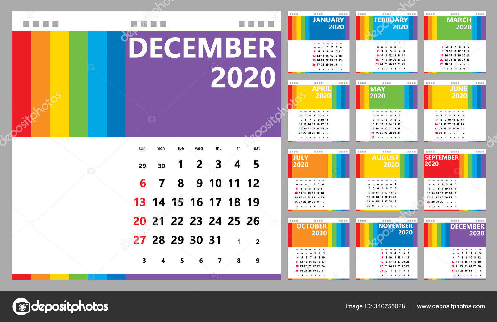 Creative Wall Calendar 2020 Linear Rainbow Design Sundays Selected ...