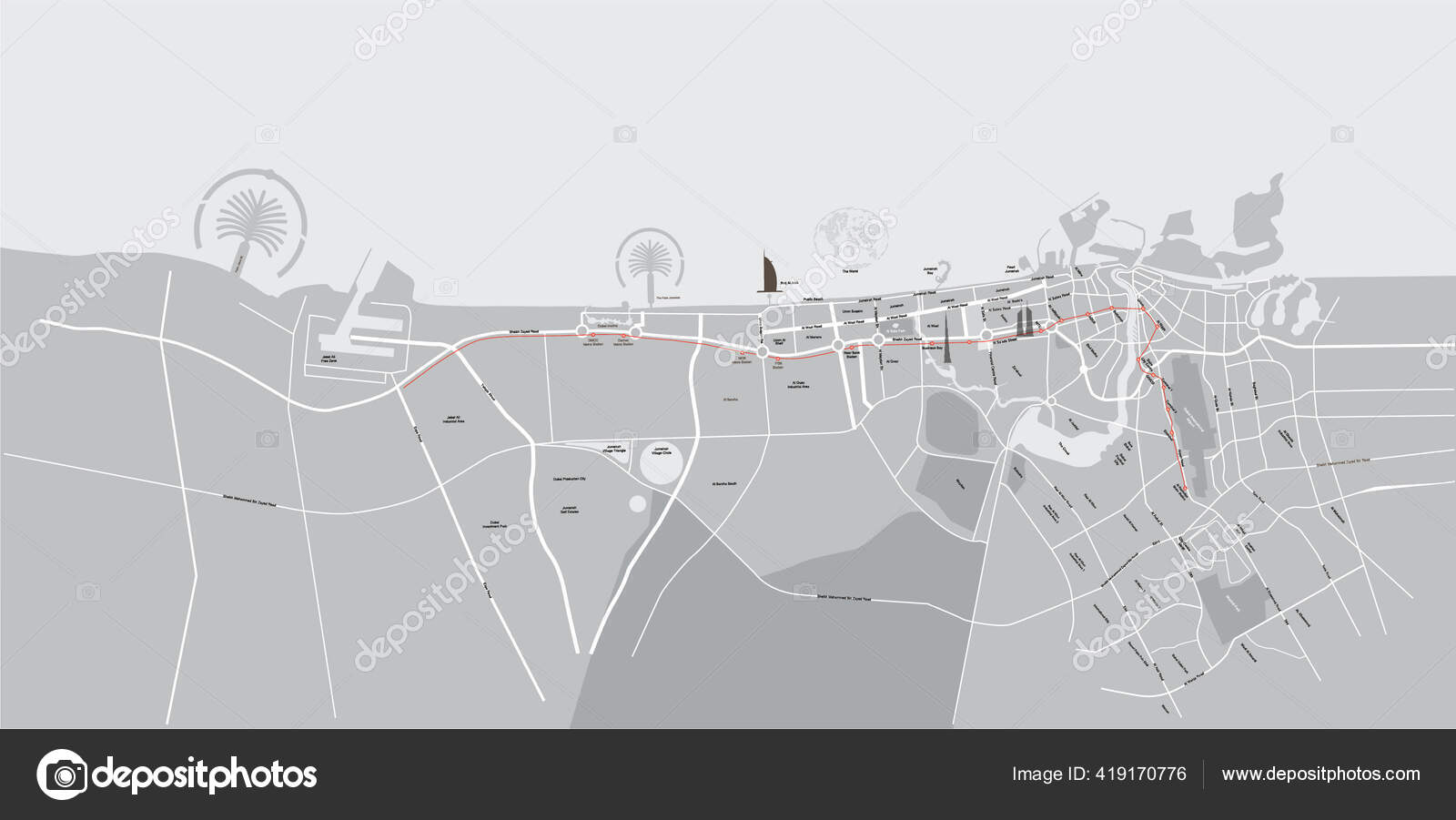 Vector Map Emirate Dubai Names Streets Landmarks Stock Vector Image by ...