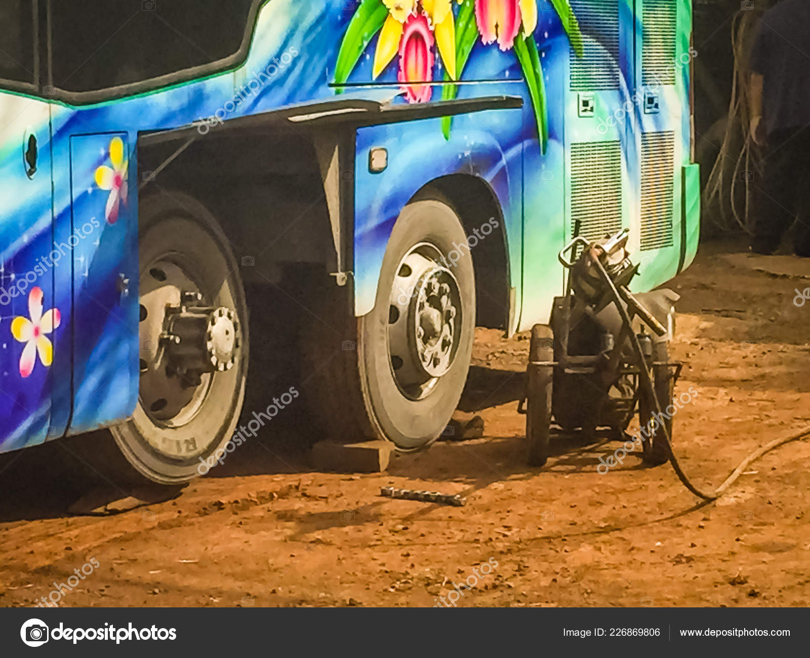 Leaked Bus Wheel Taking Repair Garage Repairing Fixing Change Wheel ...